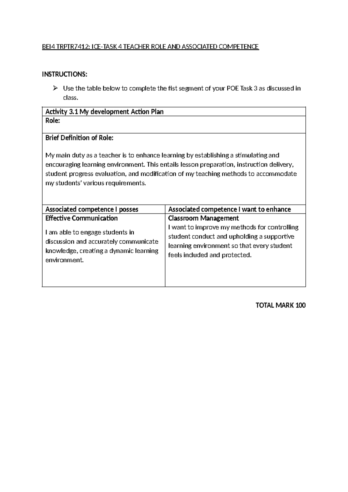 ICE nnnmnmnASK 4 - BEI4 TRPTR7412: ICE-TASK 4 TEACHER ROLE AND ...