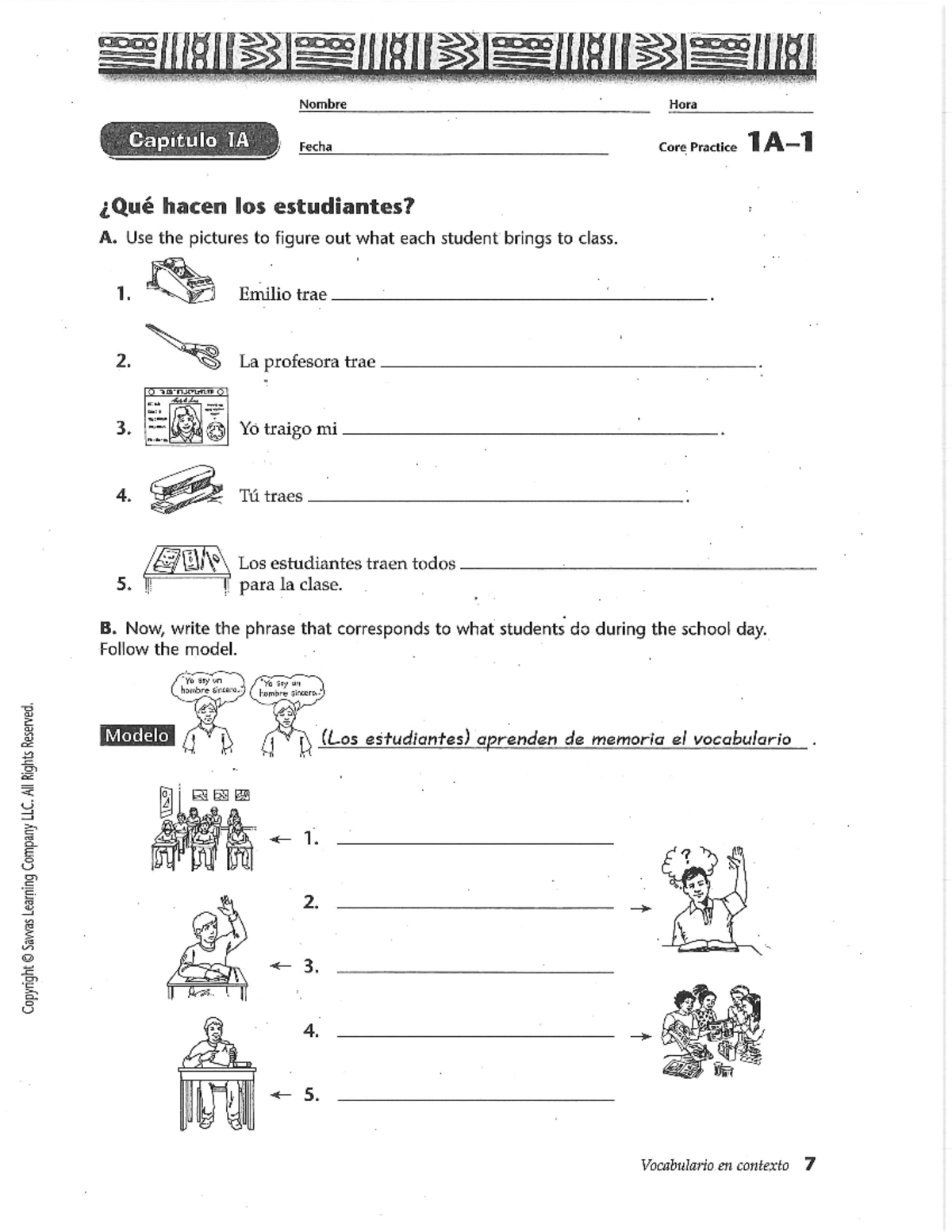 Sp2 vocab en contexto core practice 1A - Copyright © Sawvas Learning ...