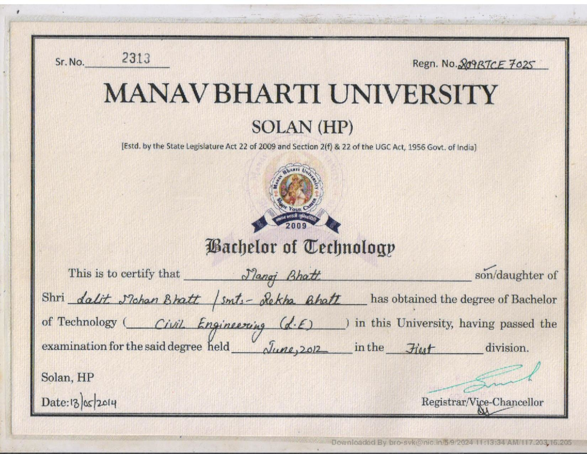 File7283628029 - fdfd - Sr. No. 2313 Regn. No. RO9BTCE 7025 MANAV BHARTI UNIVERSITY SOLAN (HP ...