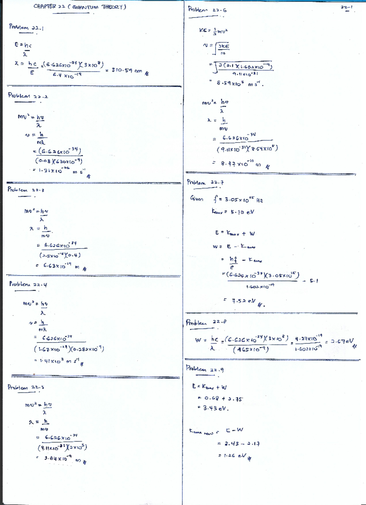 CH22 Tutorials Answer - CHAPTER 22 (QUANTUM THEORY) Problem 22 22-1 ...