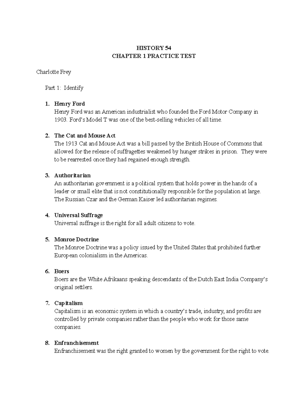 Chapter 1 History Test - HISTORY 54 CHAPTER 1 PRACTICE TEST Charlotte ...