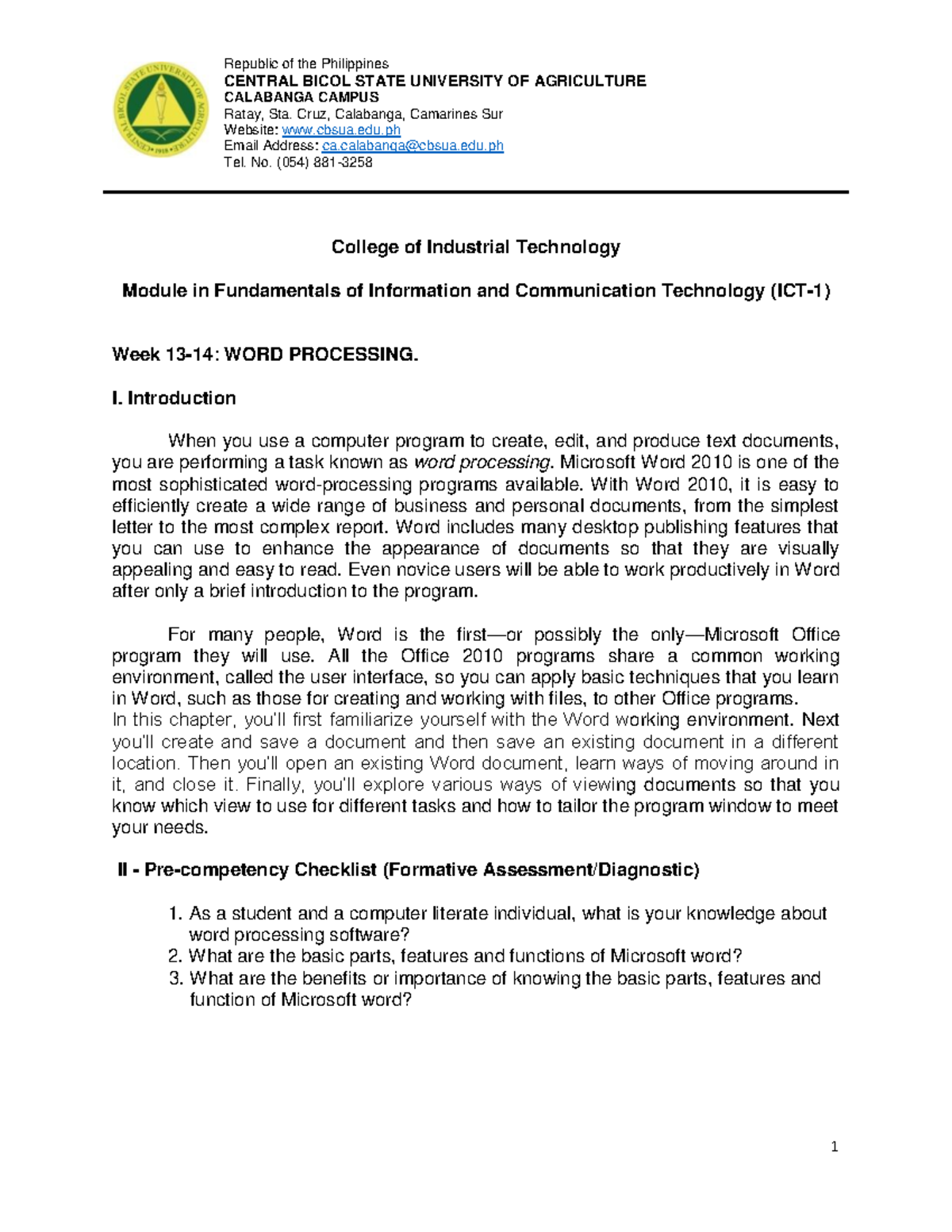 Module IN ICT-1 (WEEK 13-14) - CENTRAL BICOL STATE UNIVERSITY OF ...