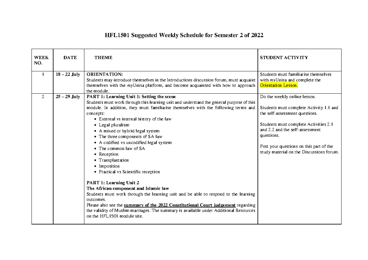 Weekly schedule Semester 2 of 2022 - HFL1501 Suggested Weekly Schedule ...