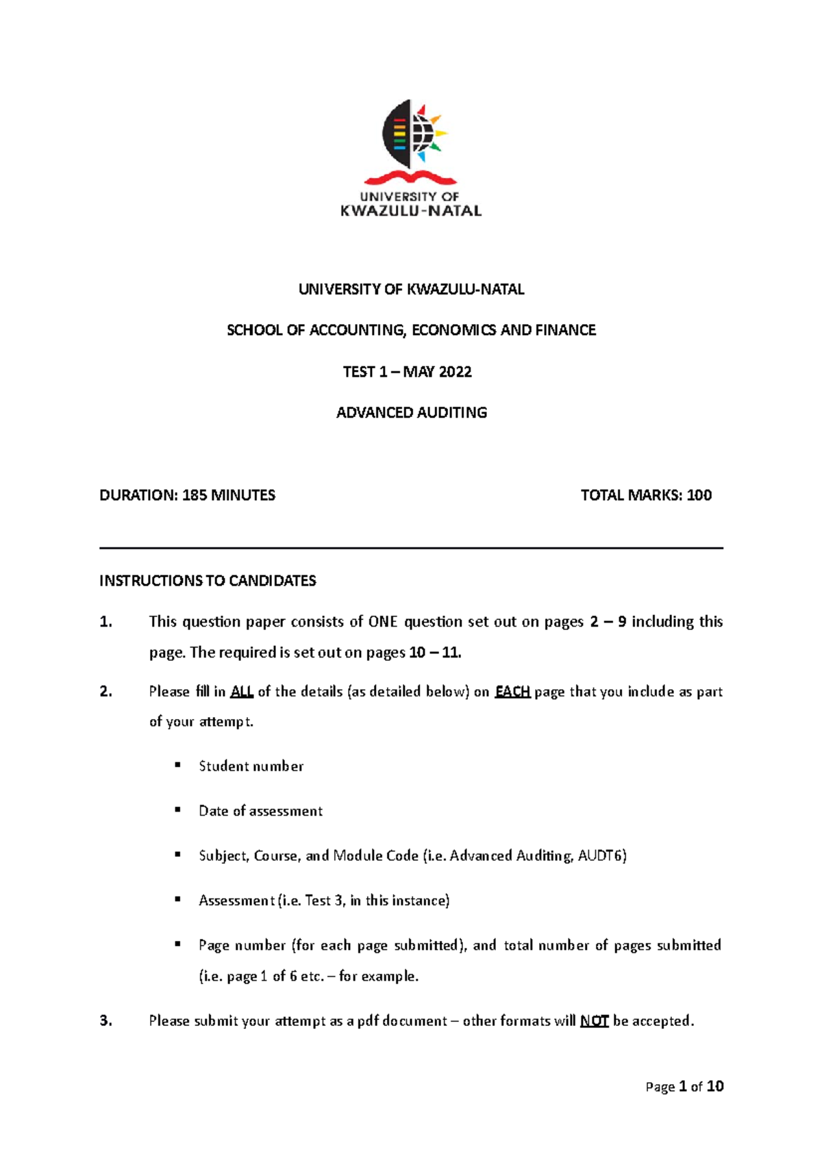 Adv Audi Test 1 2022 with commentary for students - UNIVERSITY OF ...