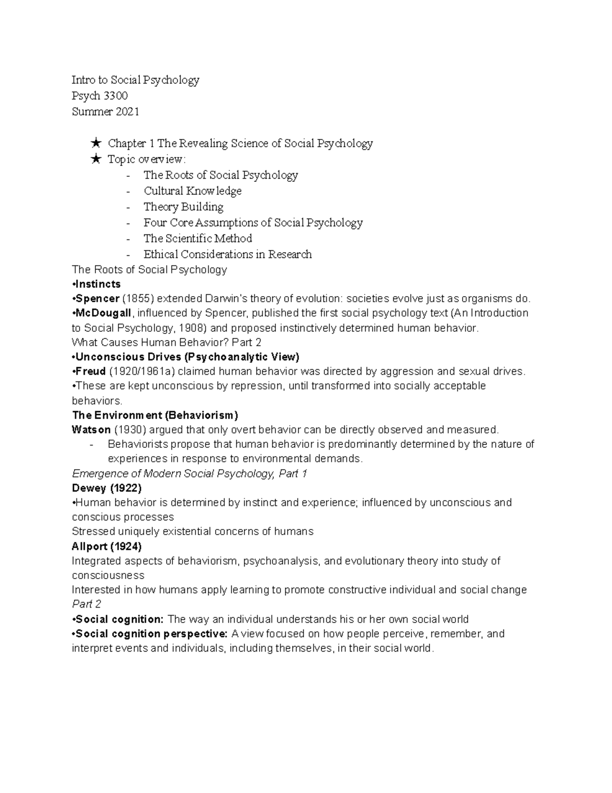 Intro to Social Psychology Chapter 1 Notes Lecture - Intro to Social ...