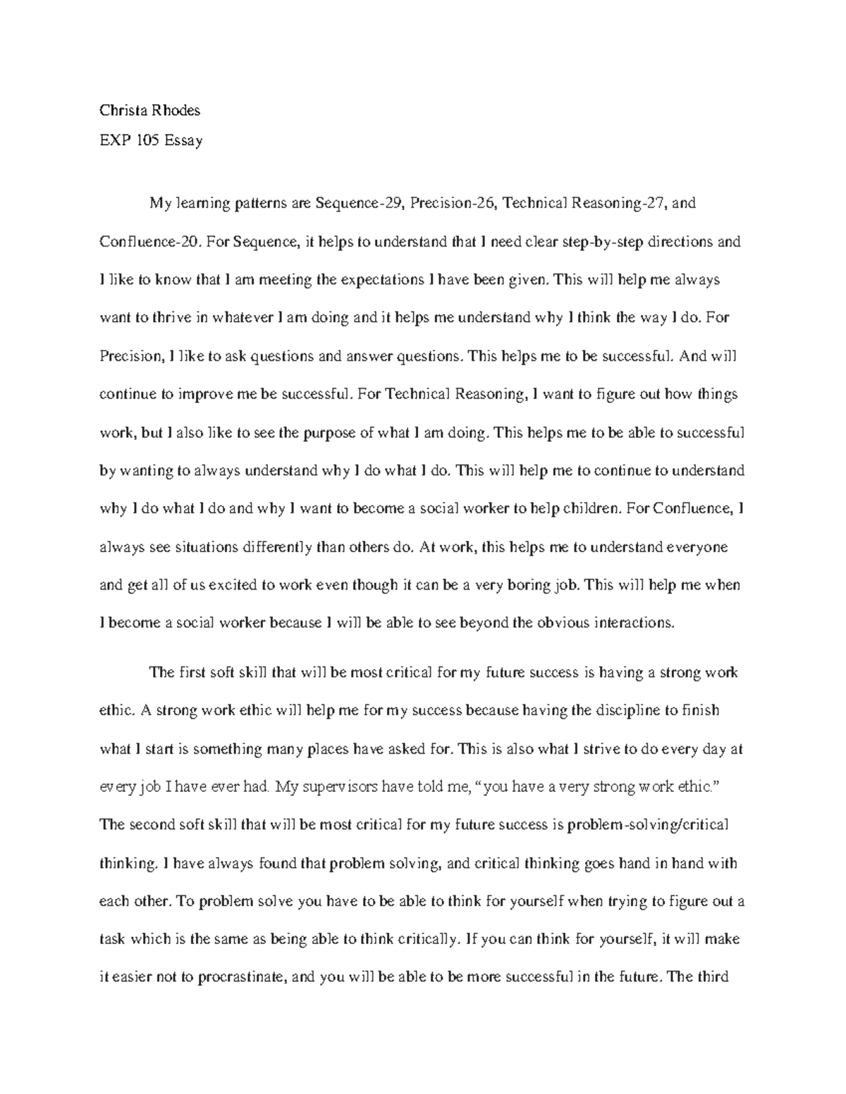 Exp 105 Final Reflection - Christa Rhodes EXP 105 Essay My learning ...