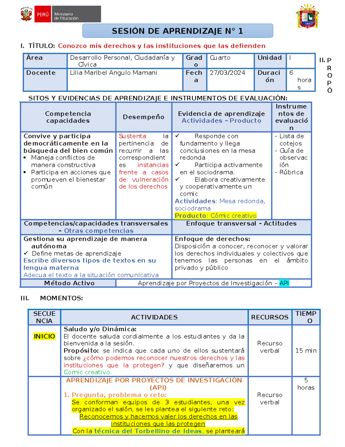 Esperiencia DE Aprendizaje - I. TÍTULO: Conozco mis derechos y las instituciones que las ...
