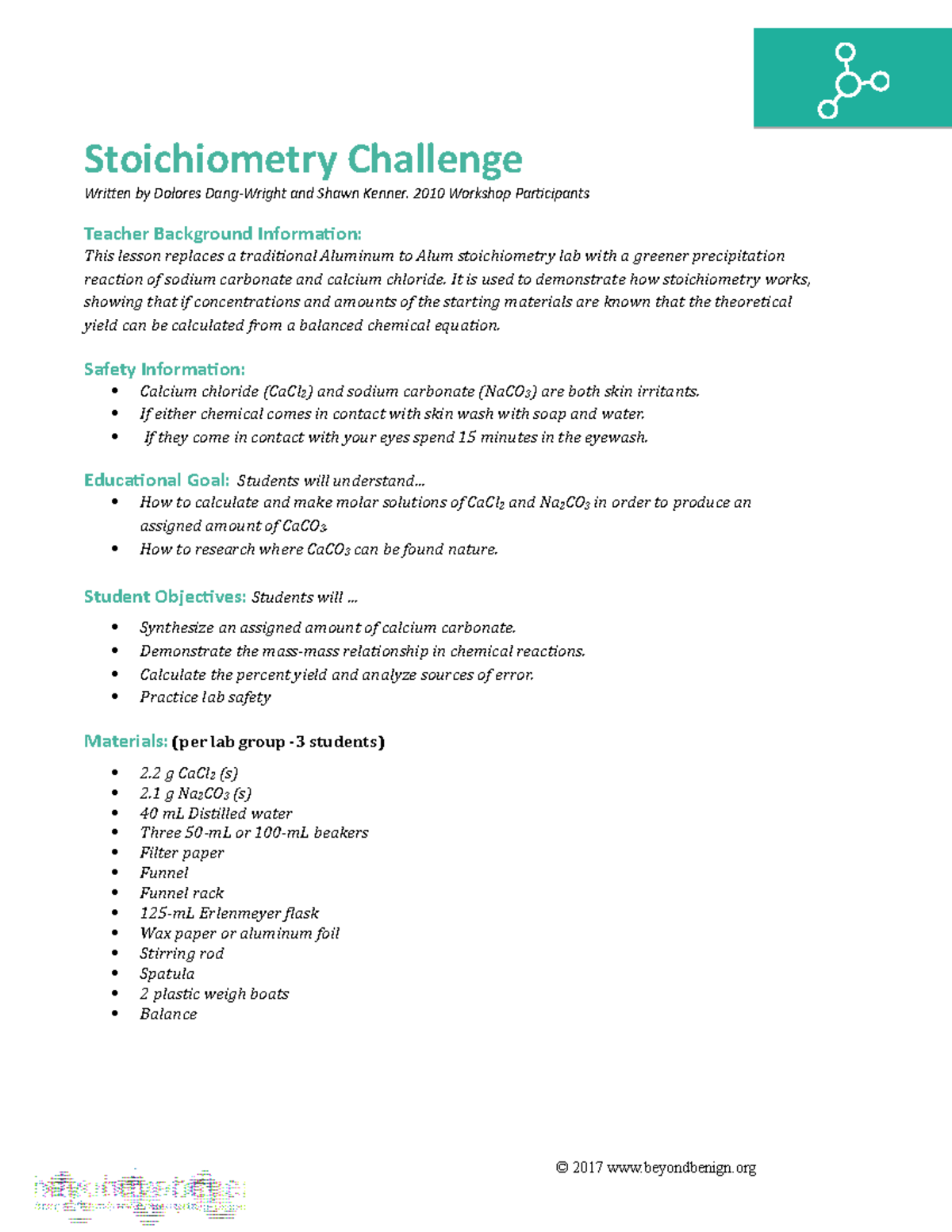 Stoichiometry Challenge - Stoichiometry Challenge Written by Dolores ...