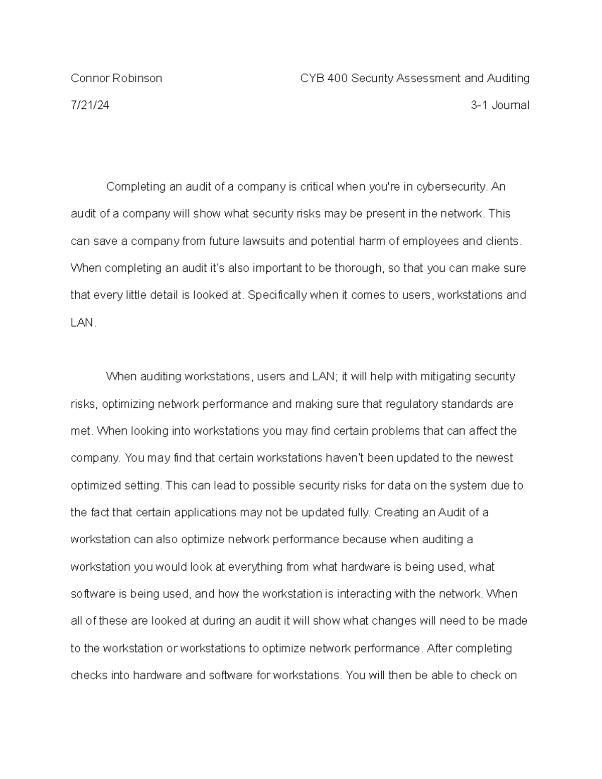 CYB 400 Security Assessment and Auditing 3-1 Journal - Connor Robinson ...