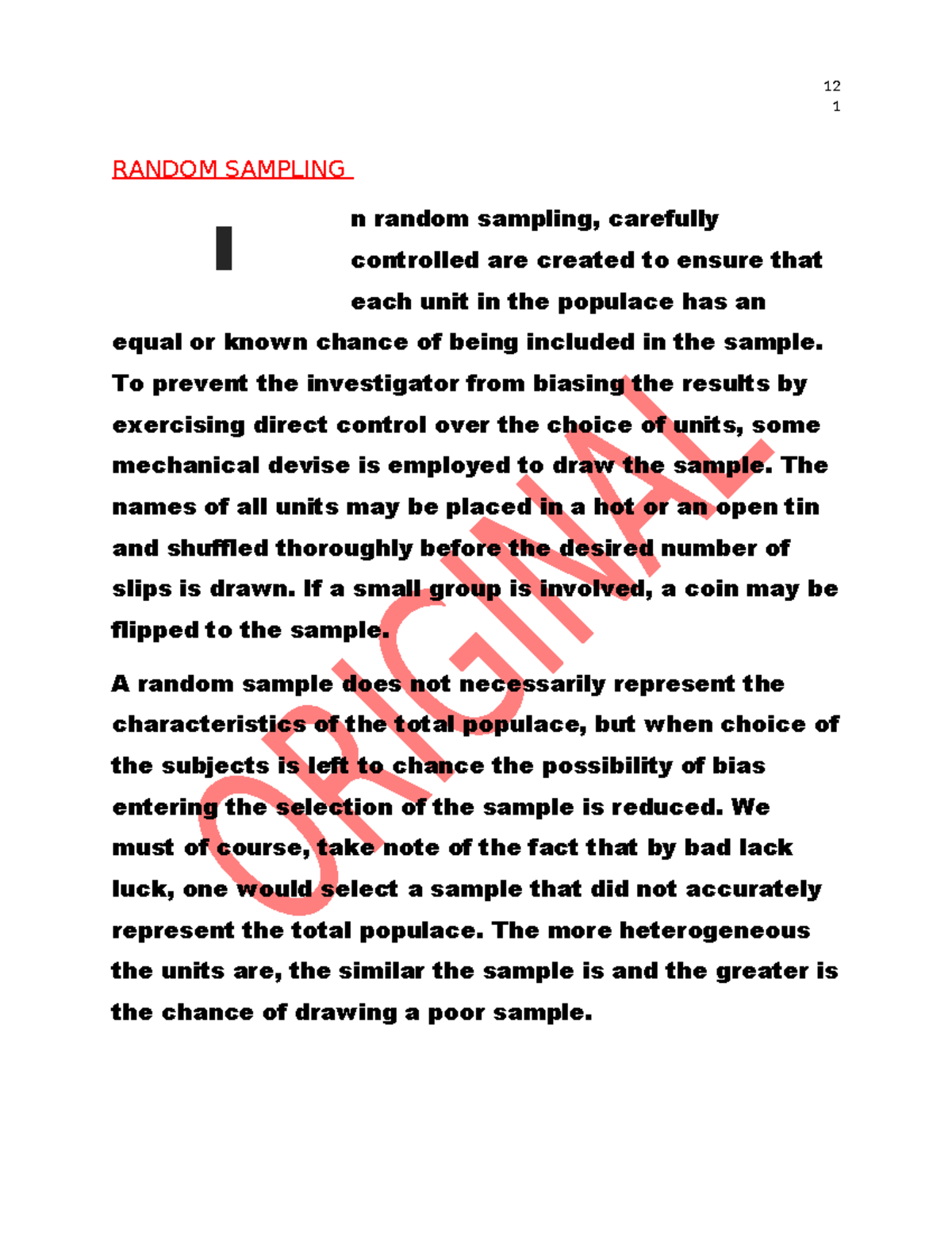 Peaceful doc - GOOD - 12 1 RANDOM SAMPLING n random sampling, carefully ...