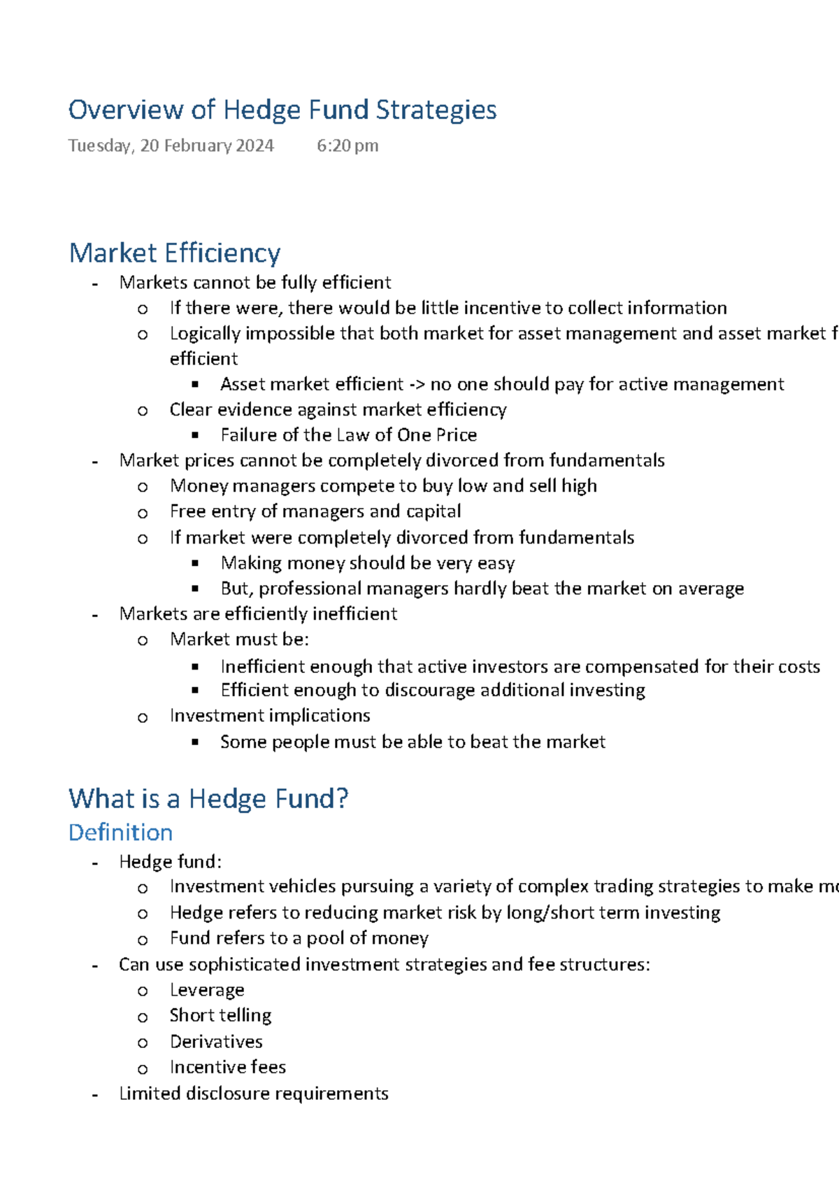 Overview of Hedge Fund Strategies - Market Efficiency Markets cannot be ...