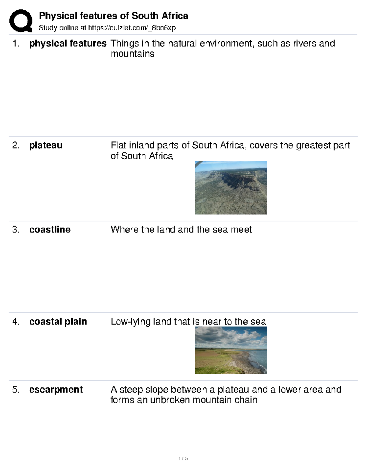 Physical features of South Africa - Study online at quizlet/_8bo6xp ...