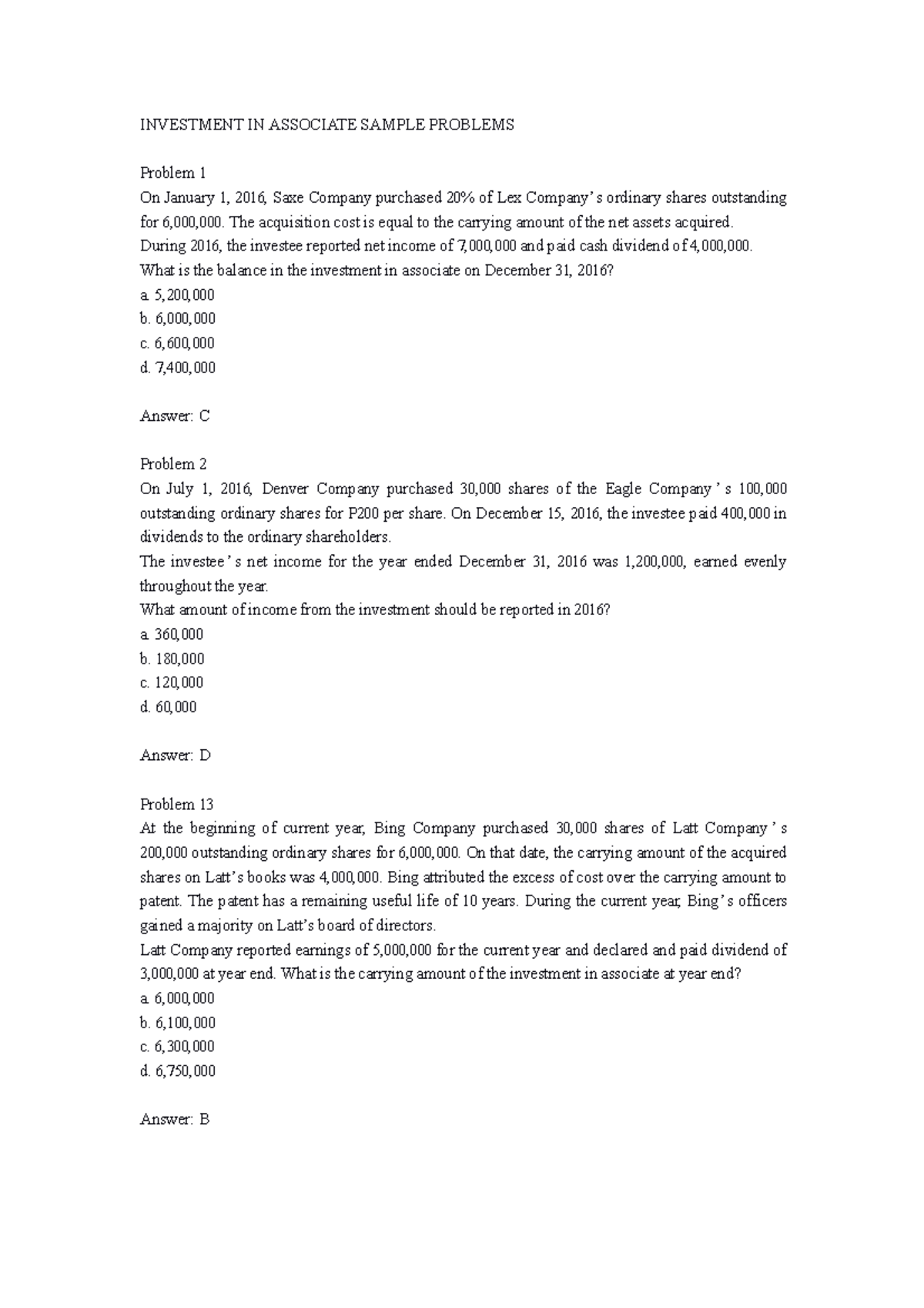 Investment IN ASSOCIATE - INVESTMENT IN ASSOCIATE SAMPLE PROBLEMS ...
