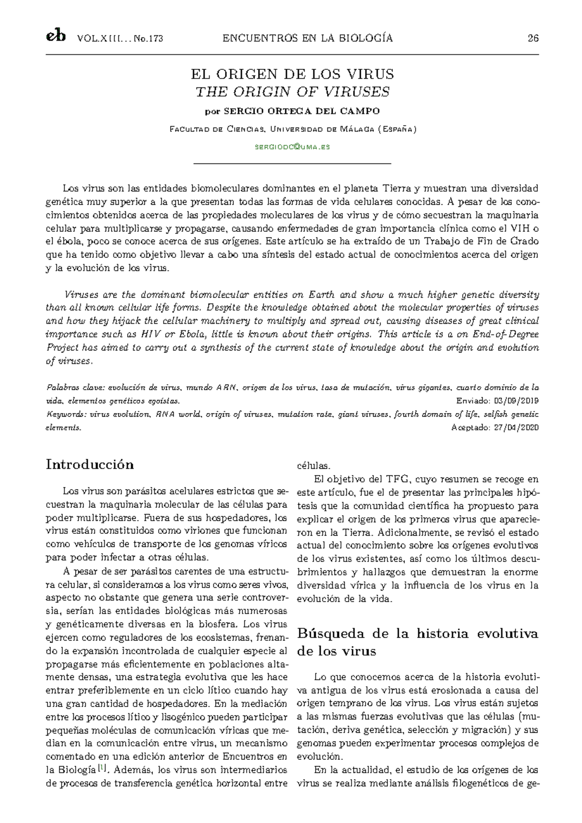 173 - EL ORIGEN DE LOS VIRUS THE ORIGIN OF VIRUSES por SERGIO ORTEGA ...