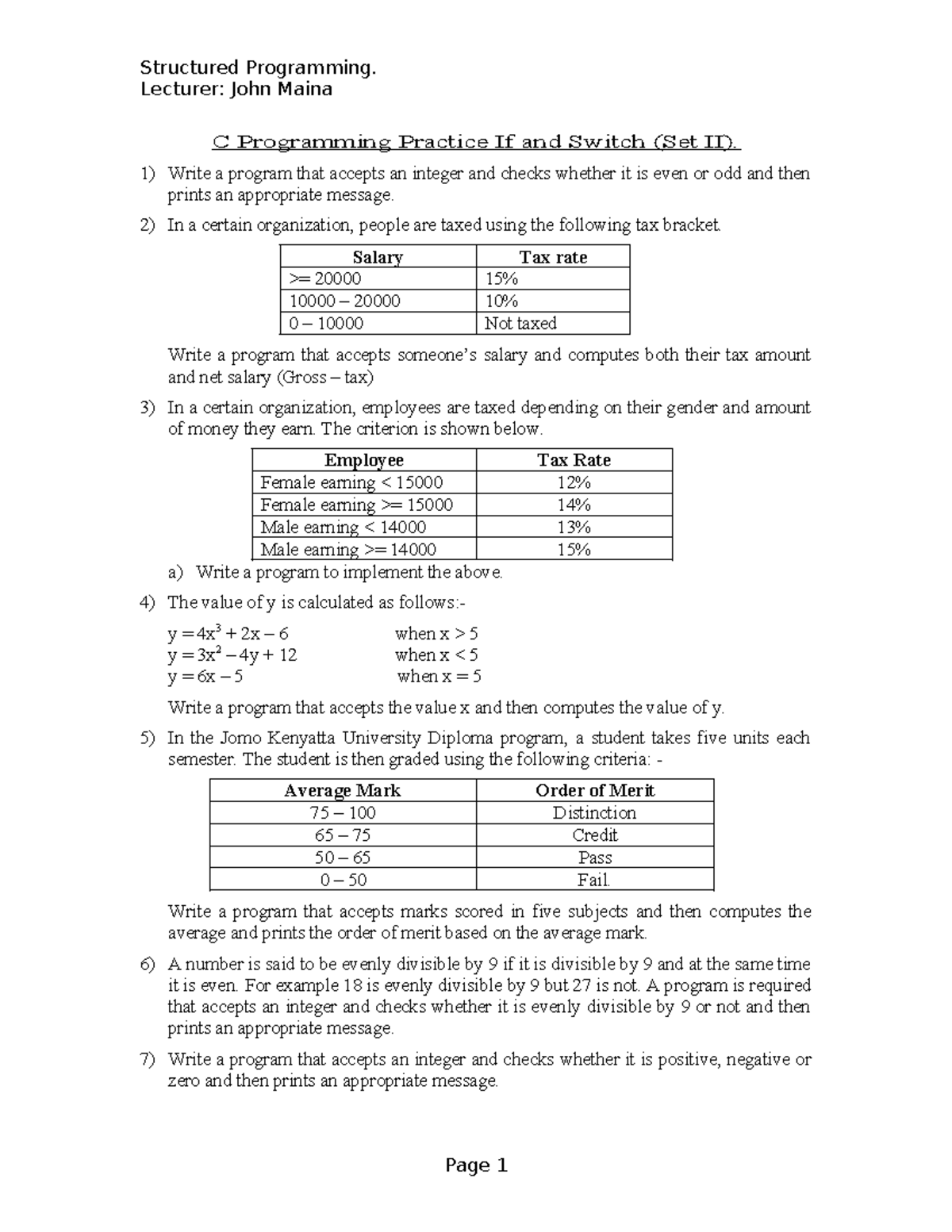 If and Switch (Set II) - questions - Structured Programming. Lecturer: John Maina C Programming ...