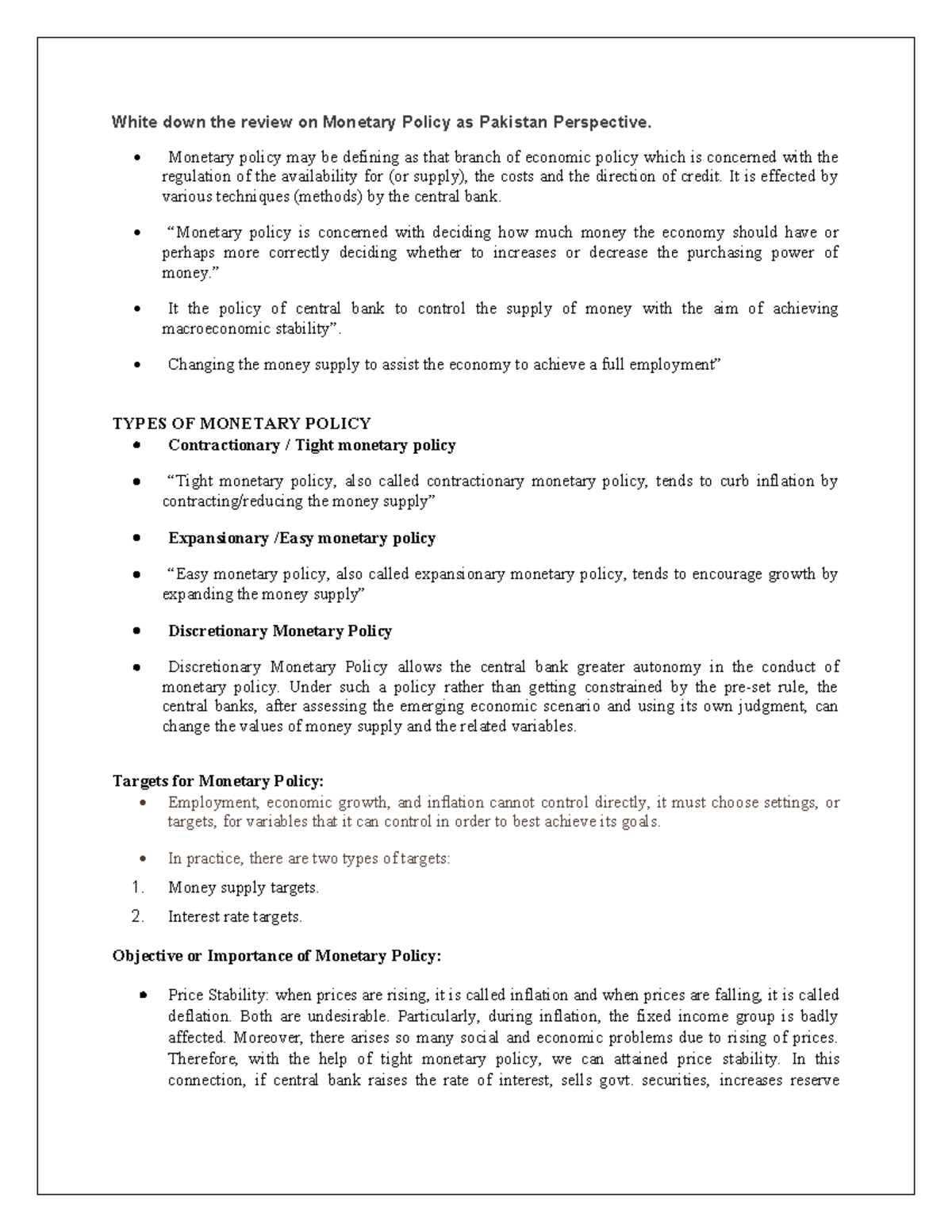 Articles good research - White down the review on Monetary Policy as ...