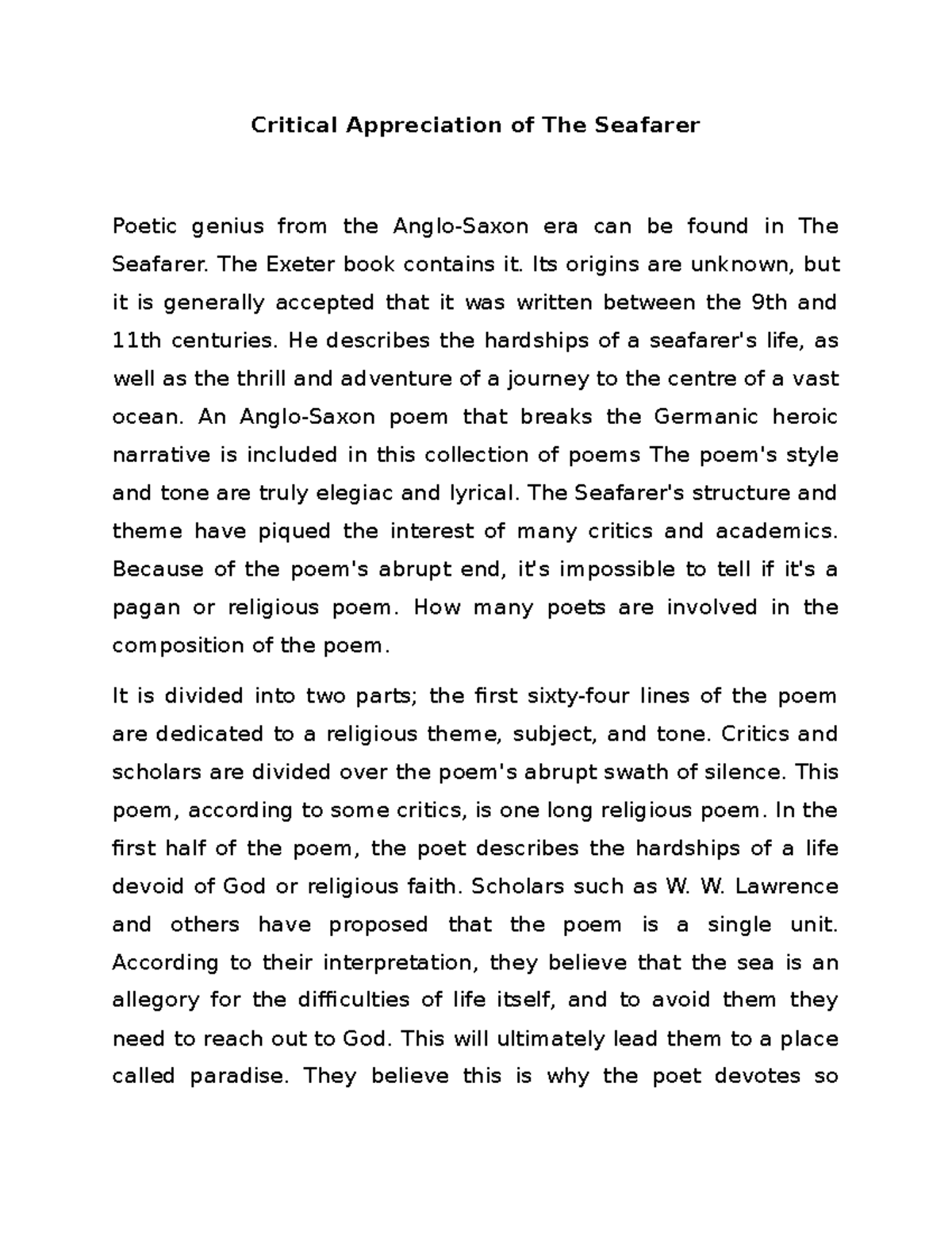 Critical Appreciation of The Seafarer - Old English Poetry - AMU - Studocu