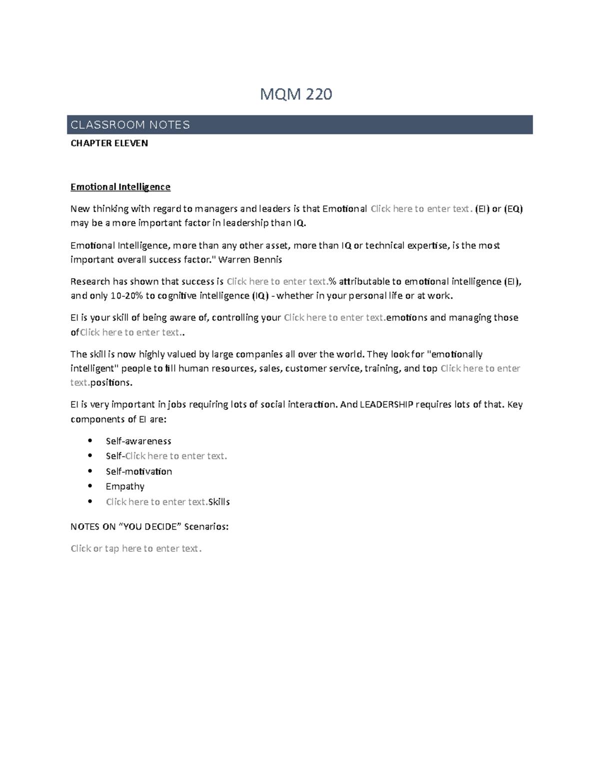 MQM 220 Classroom Notes Chapter Nine - MQM 220 CLASSROOM NOTES CHAPTER ...