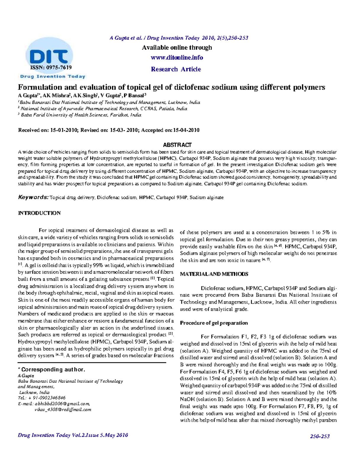 Formulation and evaluation of topical ge - Drug Invention Today Vol.2 5 ...
