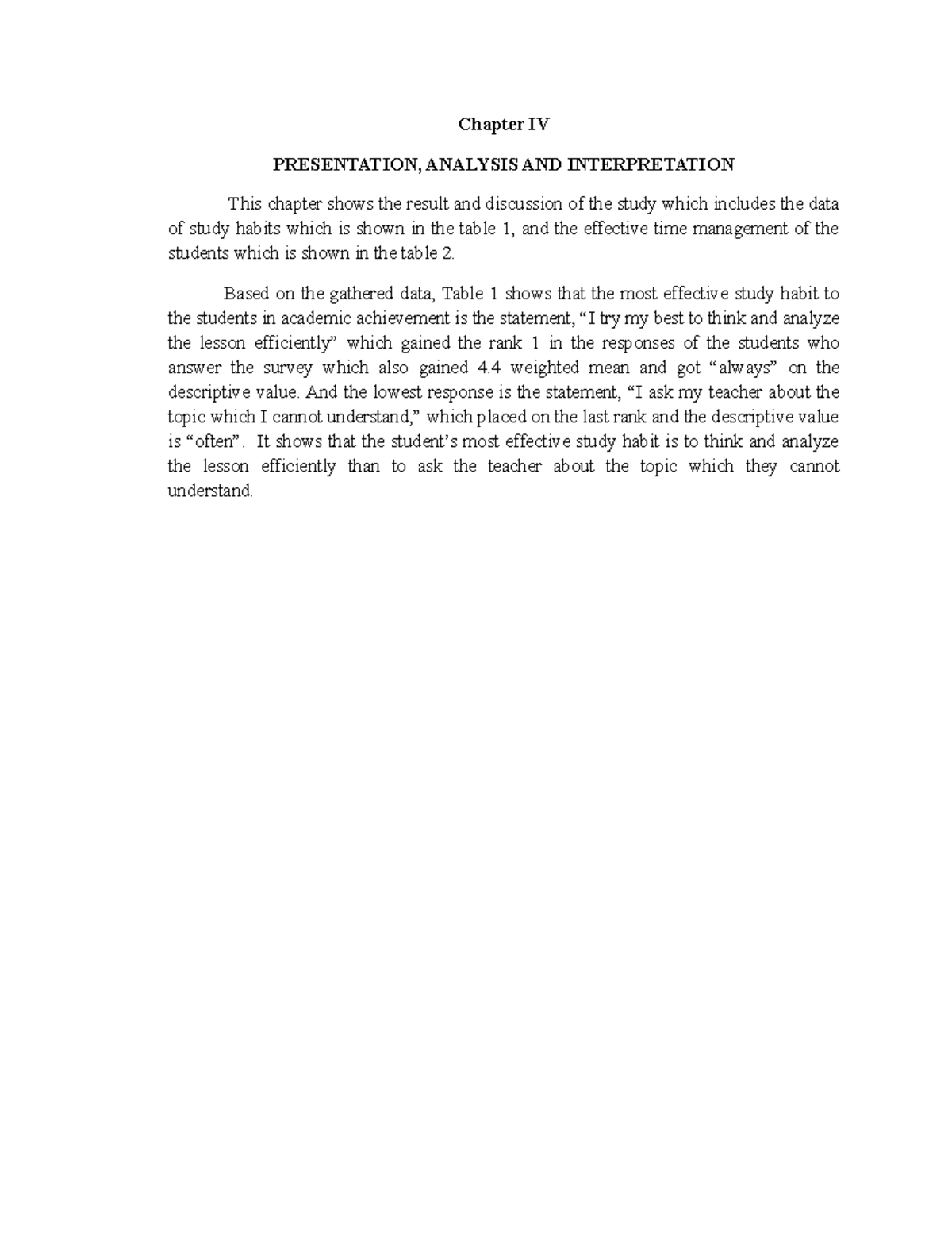 Chapter IV - Chapter IV PRESENTATION, ANALYSIS AND INTERPRETATION This ...