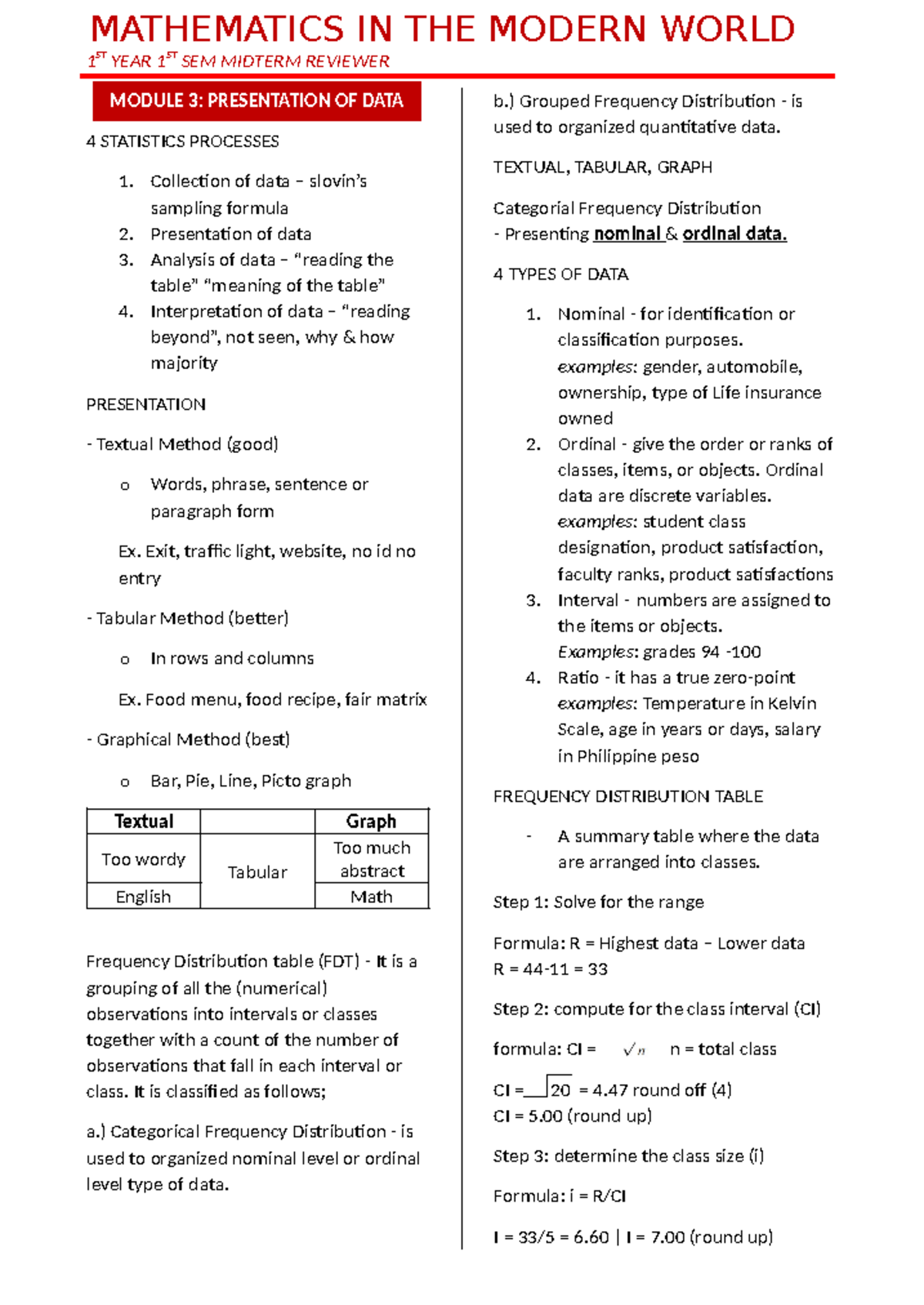 Mmw midterm - MATHEMATICS IN THE MODERN WORLD 1 ST YEAR 1ST SEM MIDTERM REVIEWER 4 STATISTICS ...