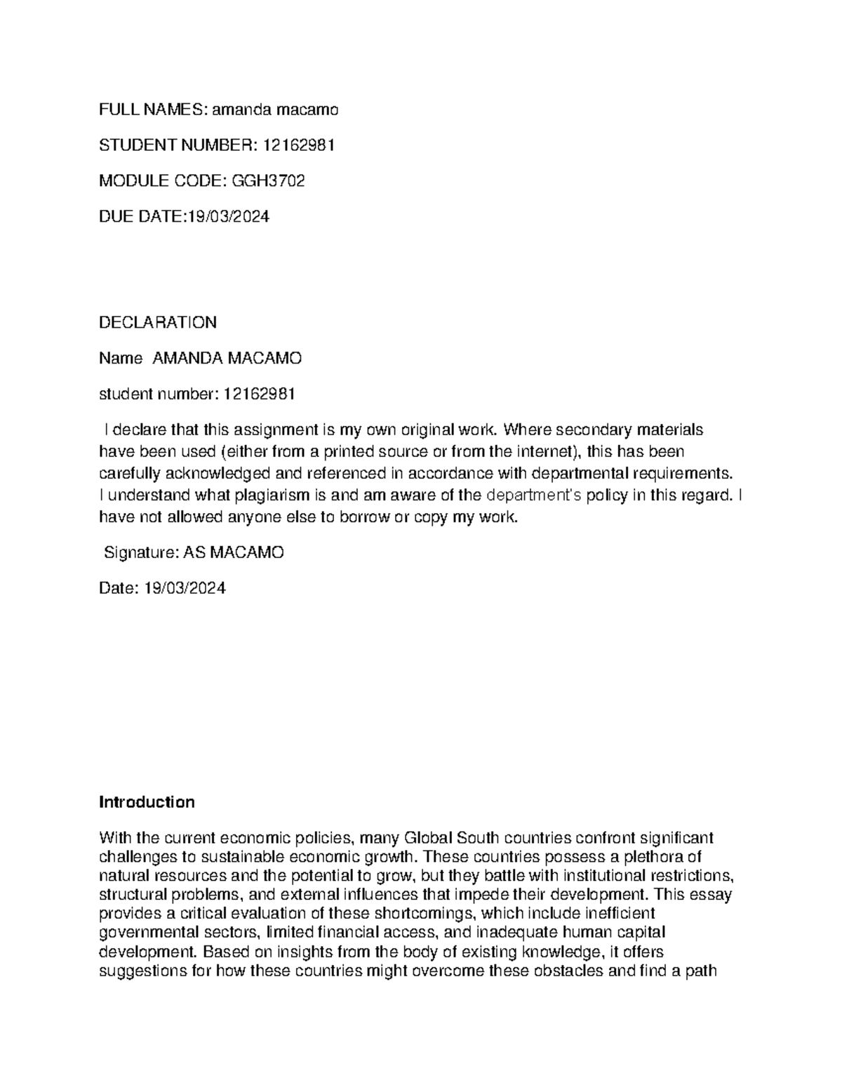 GGH3702 Amanda ASS1 - FULL NAMES: amanda macamo STUDENT NUMBER ...