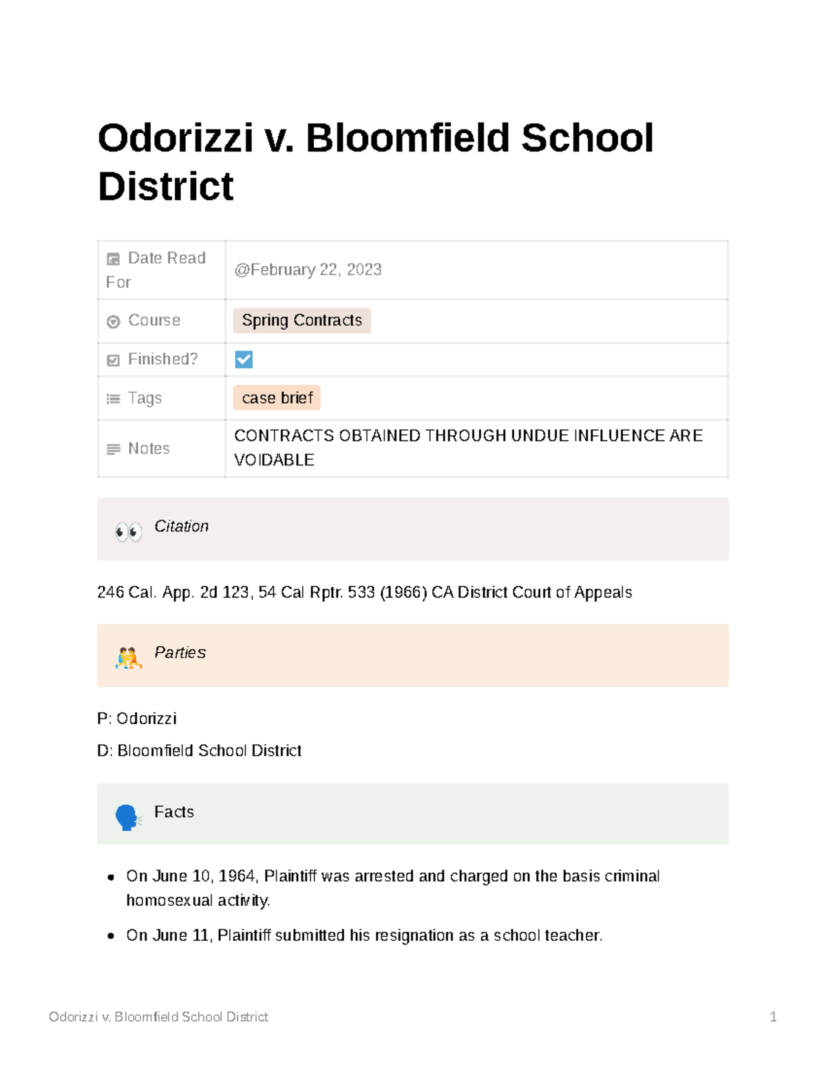Odorizzi - Case Brief - Odorizzi v. Bloomfield School District Date Read For Course Spring ...