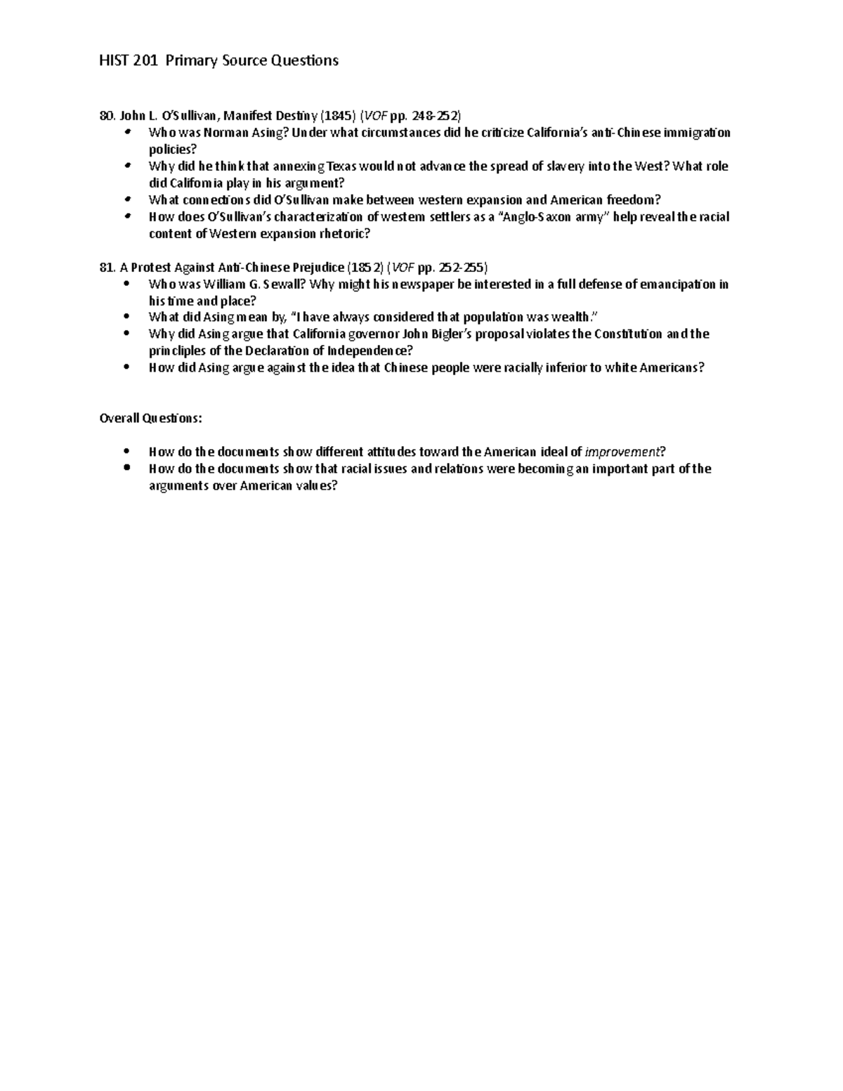 Questions for Manifest Destiny primary documents - HIST 201 Primary ...