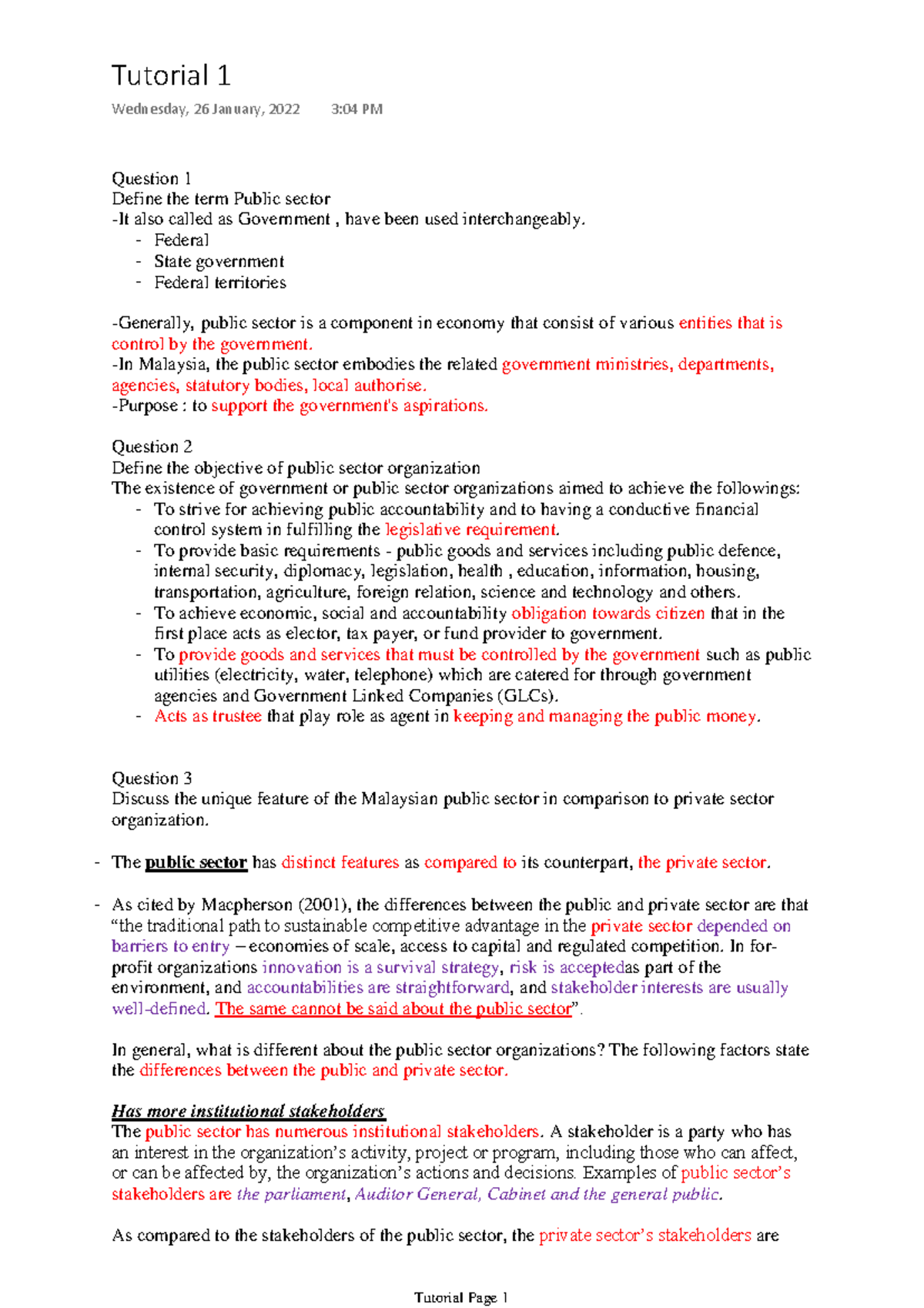 PSA Tutorial - Question 1 Define the term Public sector It also called ...