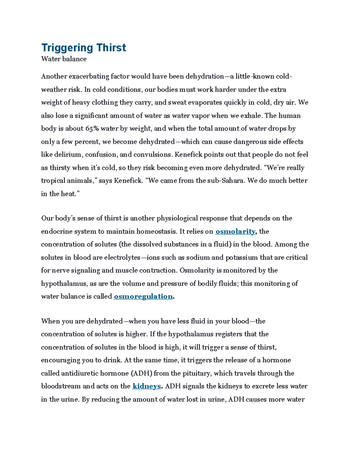 Bio ch. 26.6- Triggering Thirst - Triggering Thirst Water balance ...