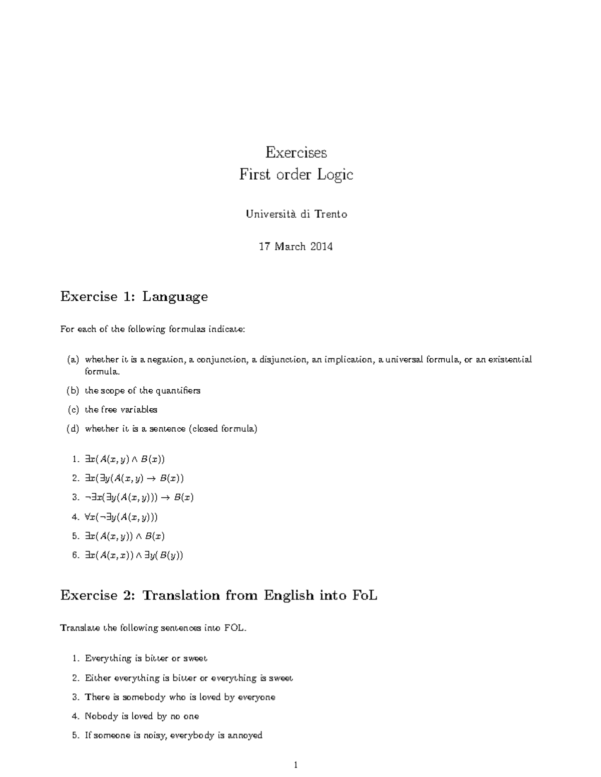 Fl1 - not - Exercises First order Logic Universit`a di Trento 17 March ...