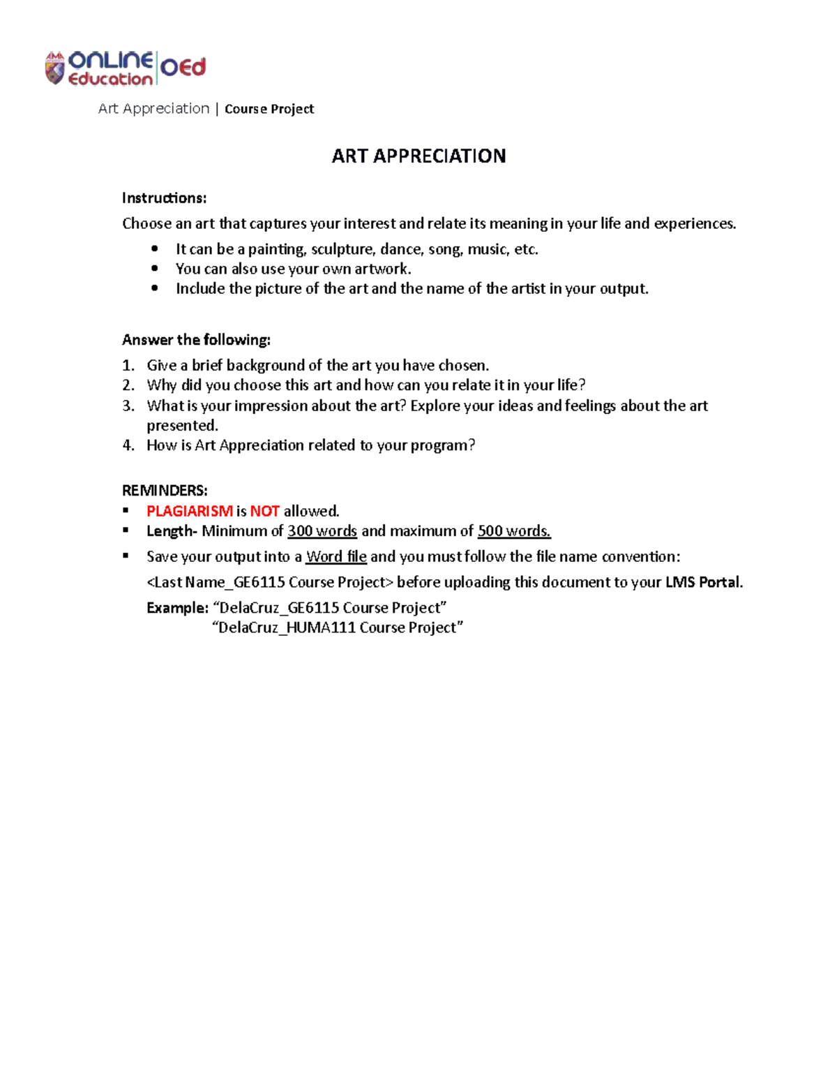 Course Project - GE6115 HUMA111 Art Appreciation - Art Appreciation ...