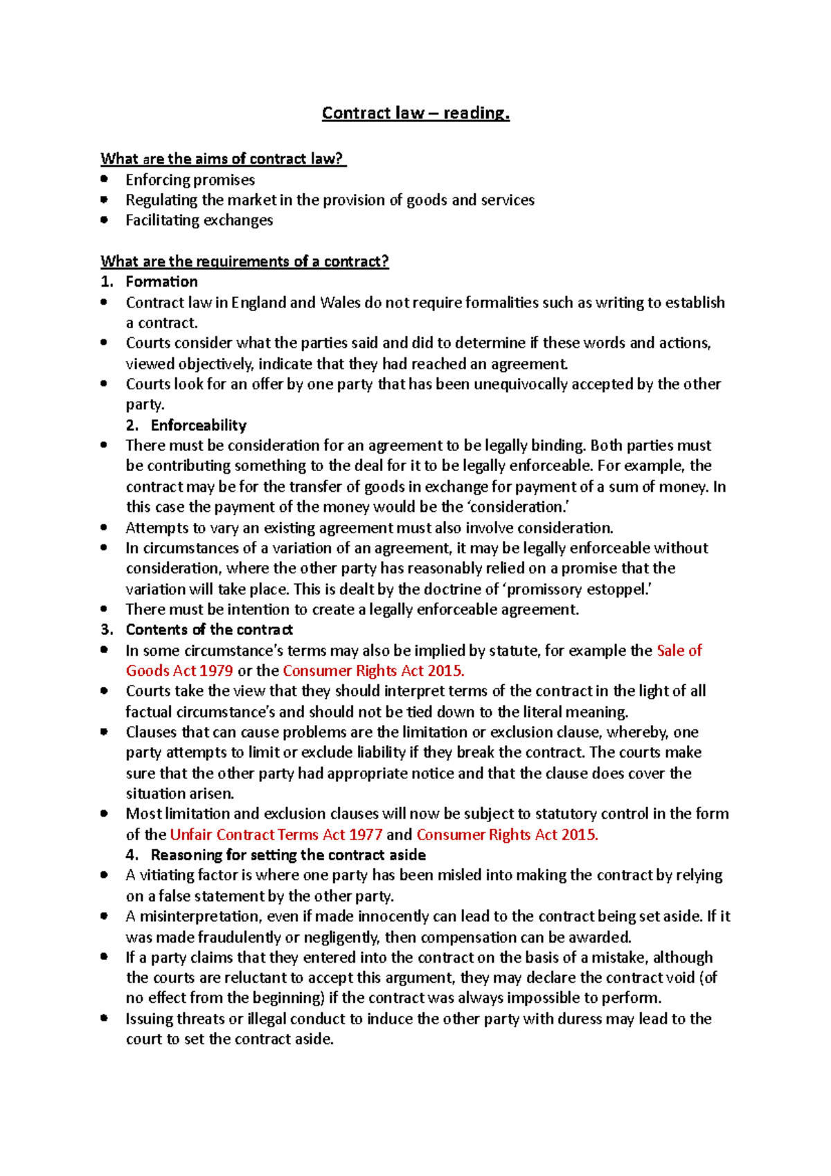 Contract Law - Reading Notes, Semester 1 - Contract law – reading. What ...