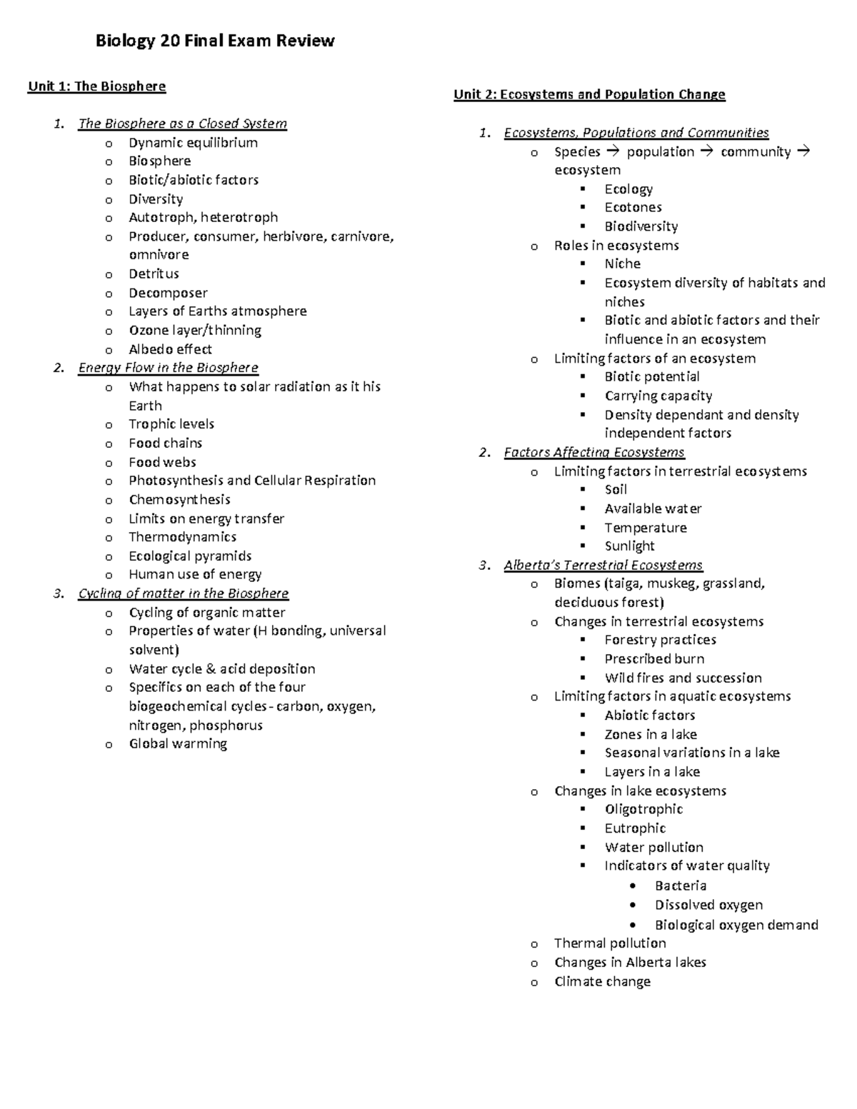 Bio 20 - Review Package - Biology 20 Final Exam Review Unit 1: The ...