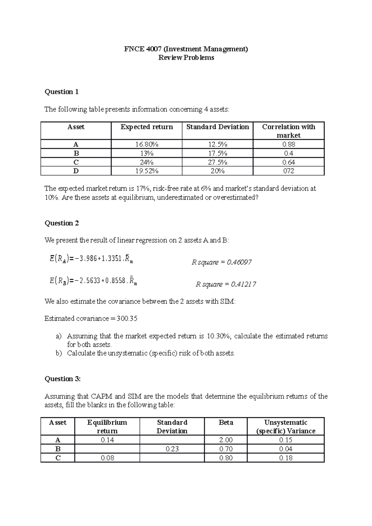 Single Index Model and CAPM Problems - FNCE 4007 (Investment Management ...