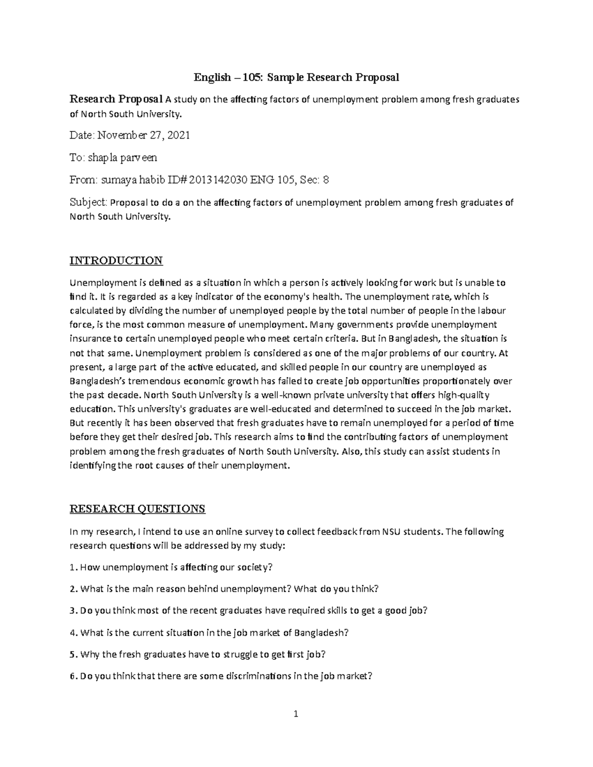ENG 105 -Research Proposal Section 8 - English – 105: Sample Research ...