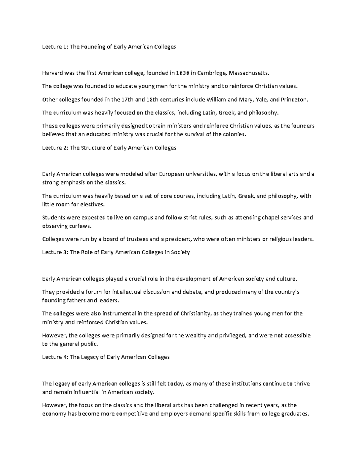 History notes - Lecture 1: The Founding of Early American Colleges ...