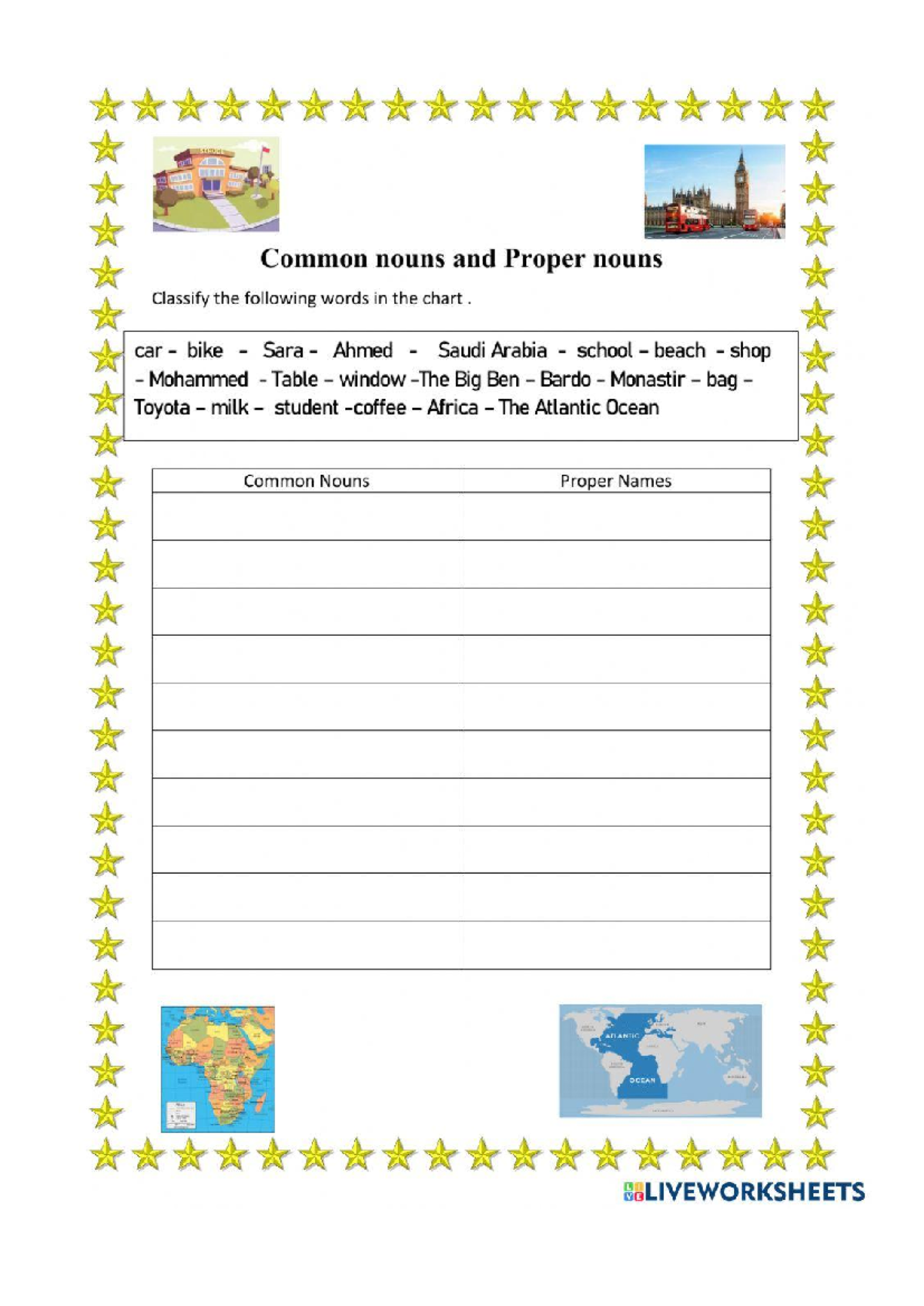 Document - Common nouns and Proper nouns Classify the following words ...
