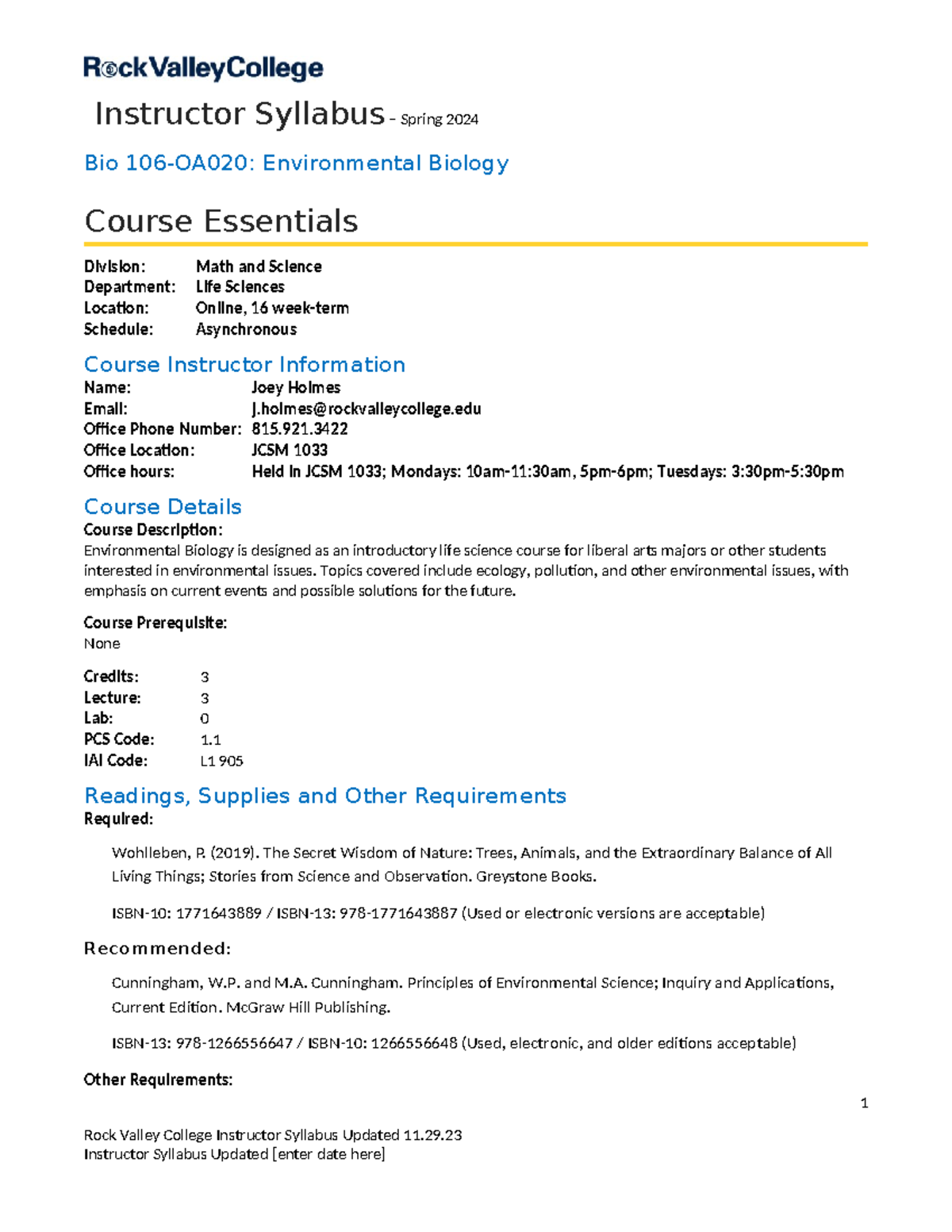 106Spr2024 - Instructor Syllabus – Spring 2024 Bio 106-OA020 ...