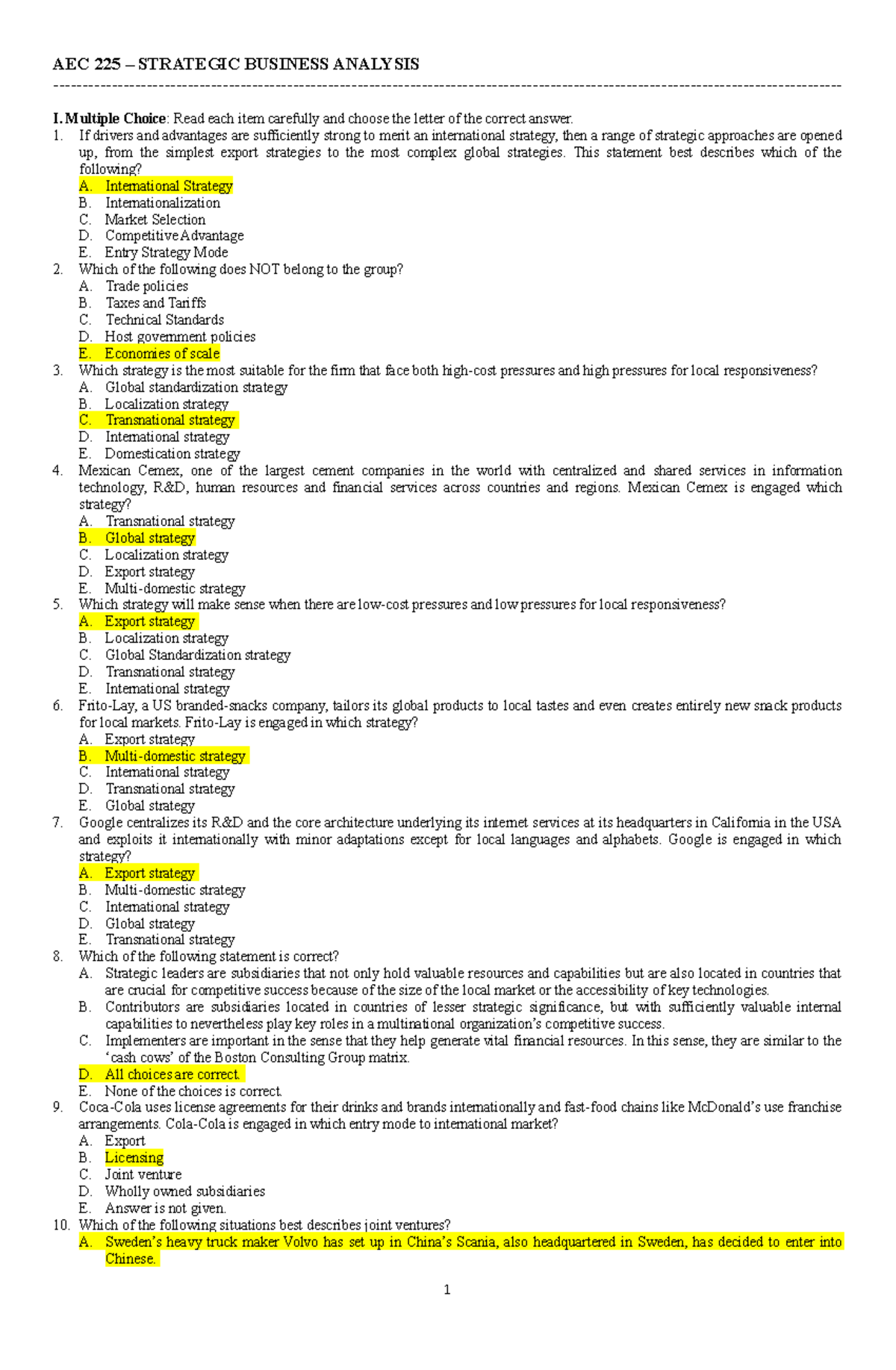International Strategy Entrepreneurship and Innovation Exam Answer Key ...