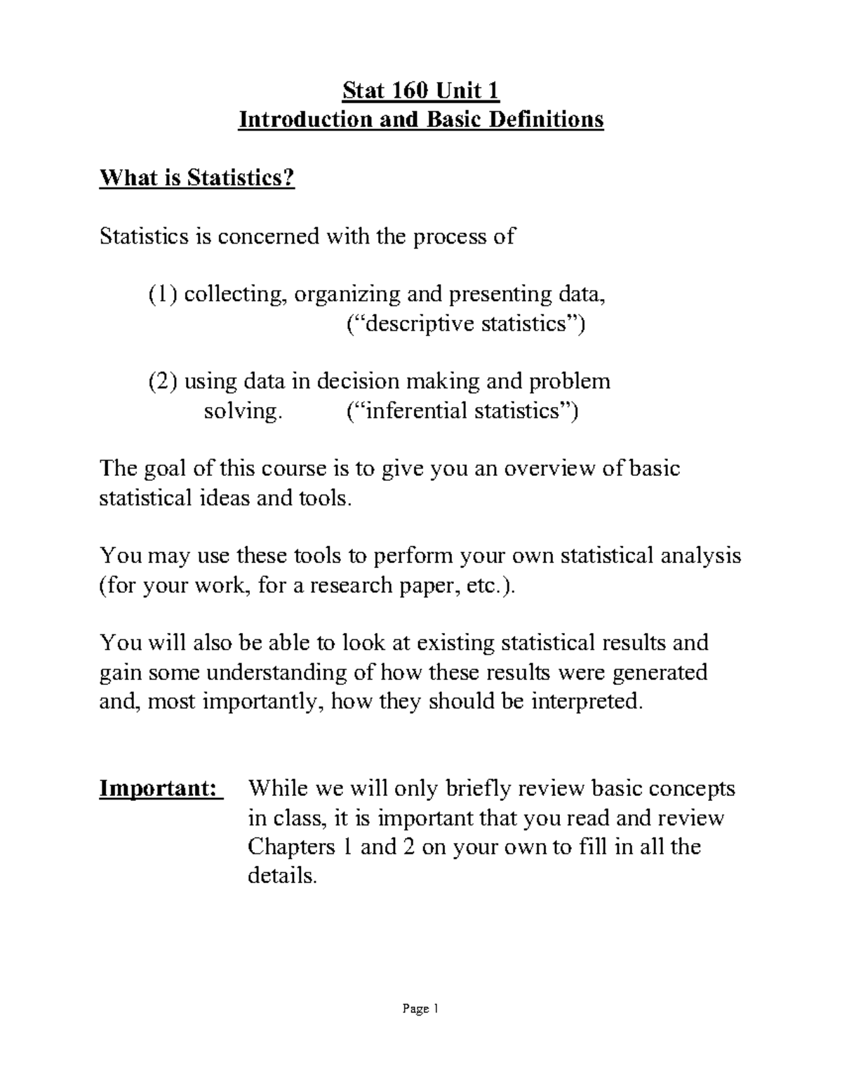 Stat 160 Unit 1 Notes - Lecture 1 for students - Stat 160 Unit 1 ...