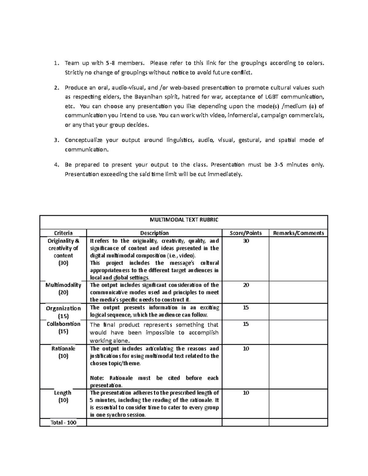 Multimodal Text - Lecture notes 1 - 1. Team up with 5-8 members. Please ...