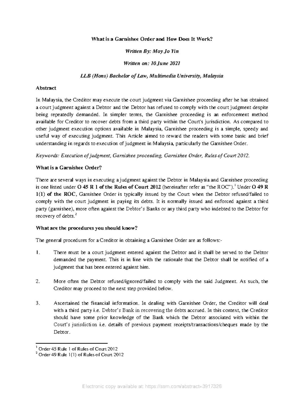 SSRN id3917326 Articld What Is A Garnishee Order And How Does It