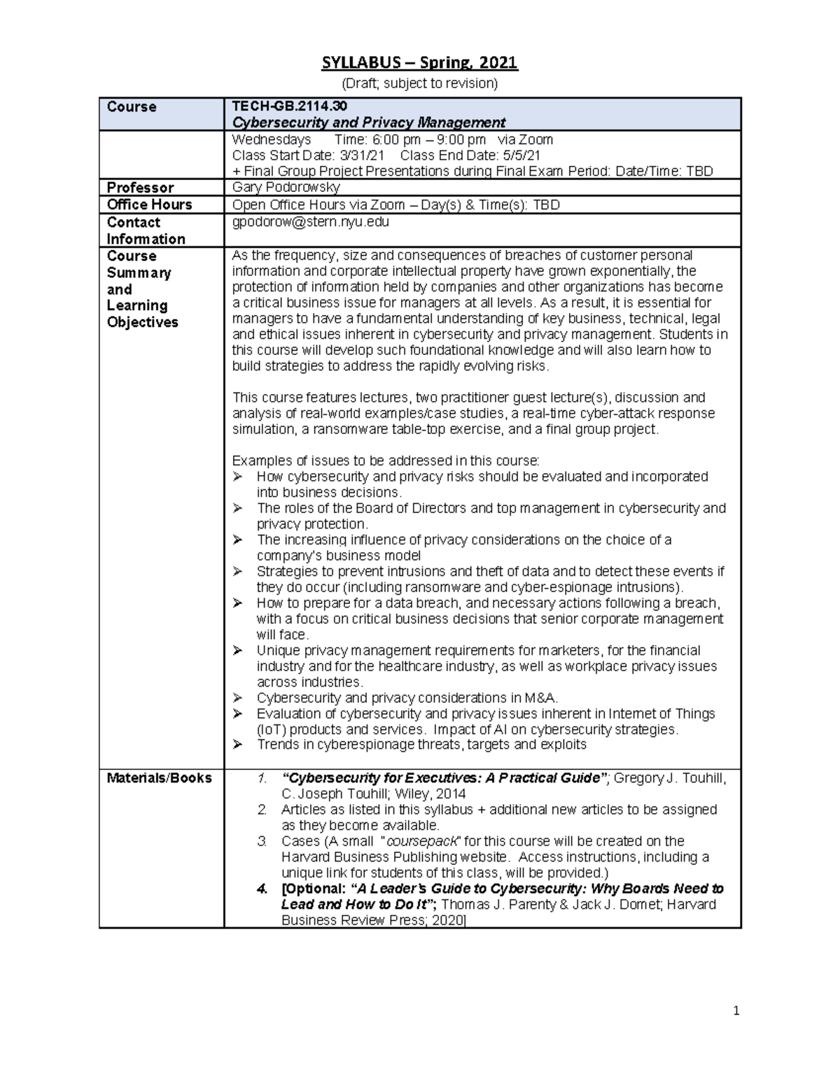 Podorowsky Techgb 2114 Spring 21 - SYLLABUS – Spring, 2021 (Draft ...