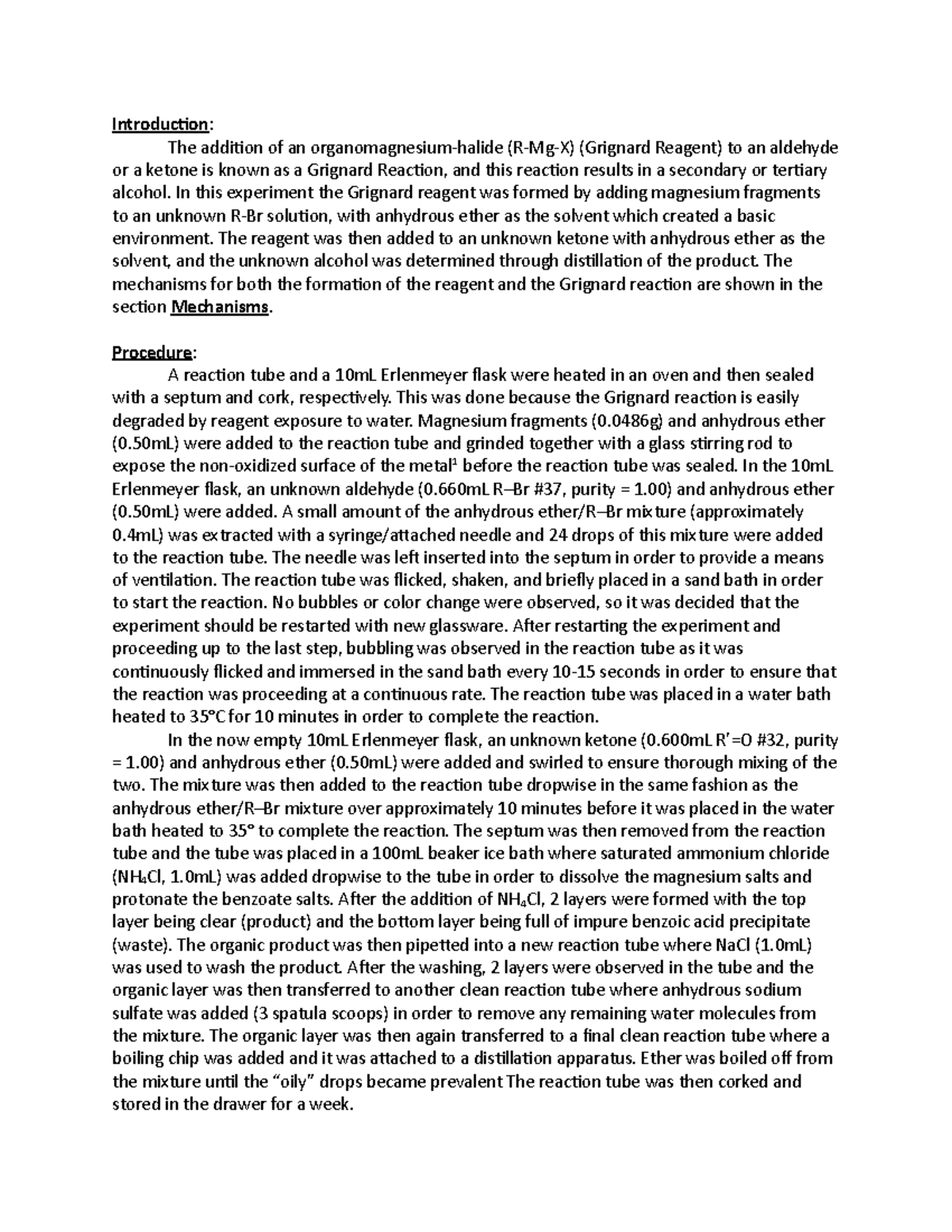 Grignard Reagent Lab Report CHEM 2081 - Introducion : The addiion of an ...