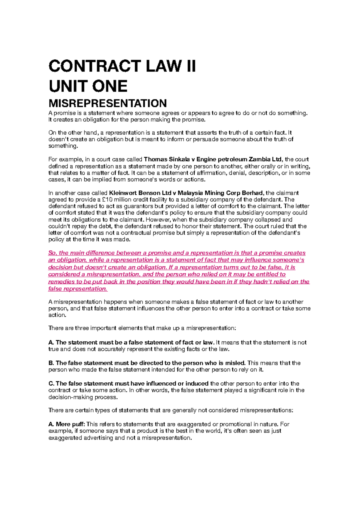Contract II - Notes - CONTRACT LAW II UNIT ONE MISREPRESENTATION A ...