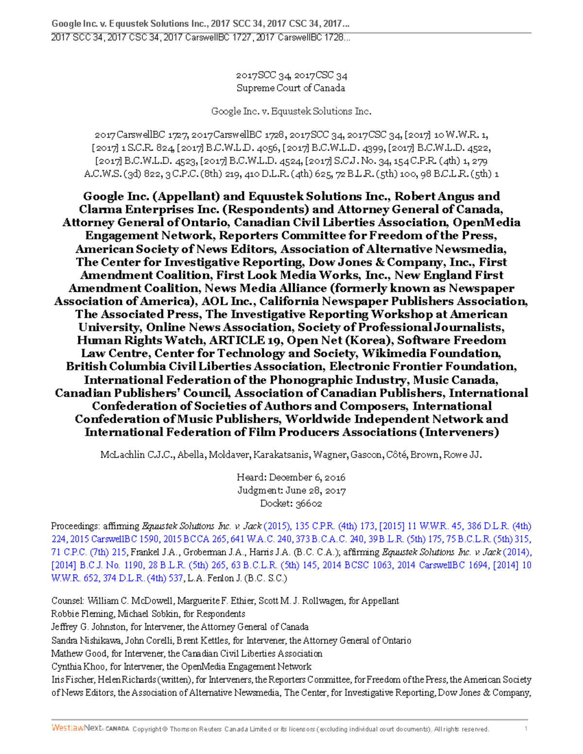 Google Inc v Equustek Solutions Inc - 2017 SCC 34, 2017 CSC 34, 2017 ...