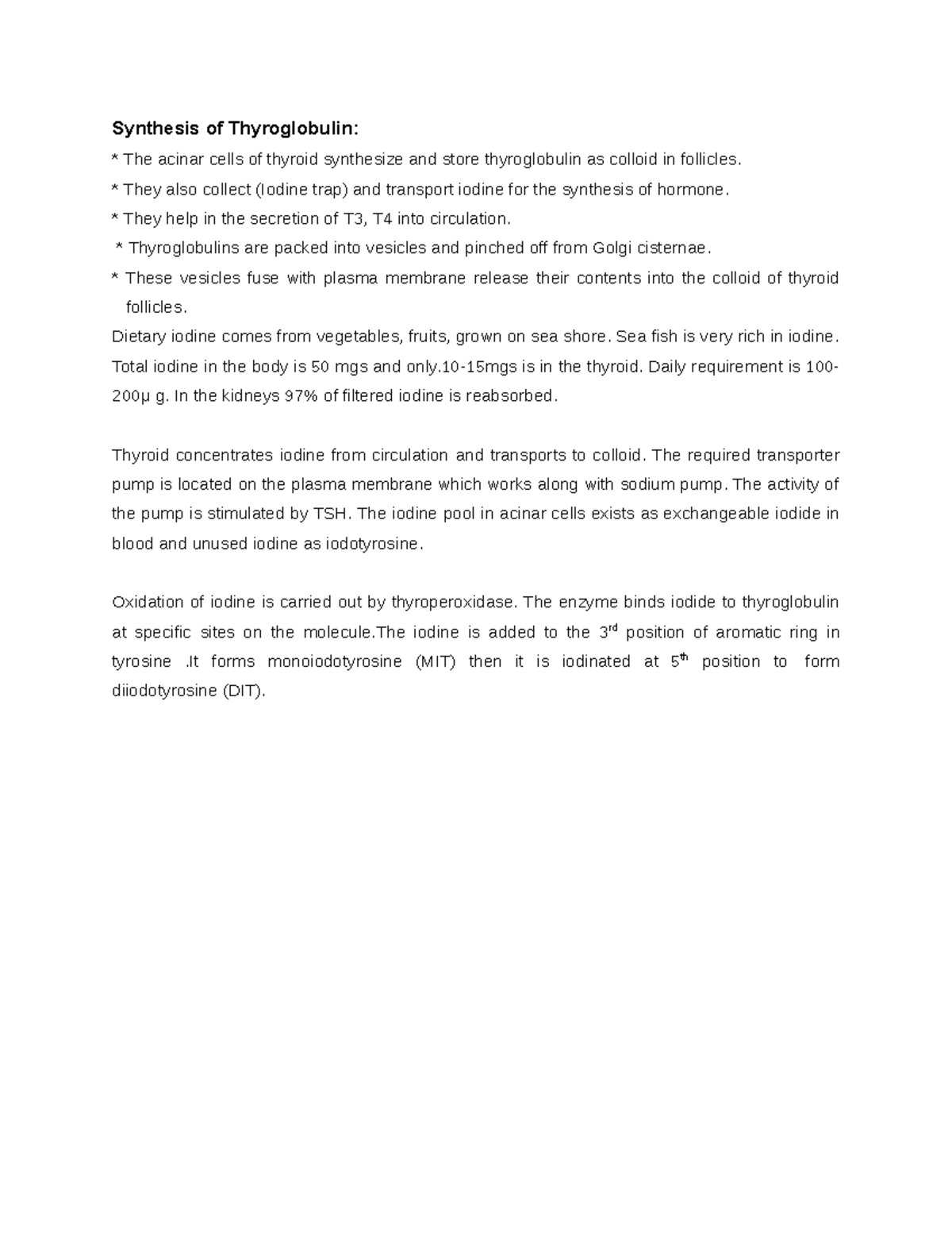 Synthesis Of Thyroglobulin Synthesis Of Thyroglobulin The Acinar