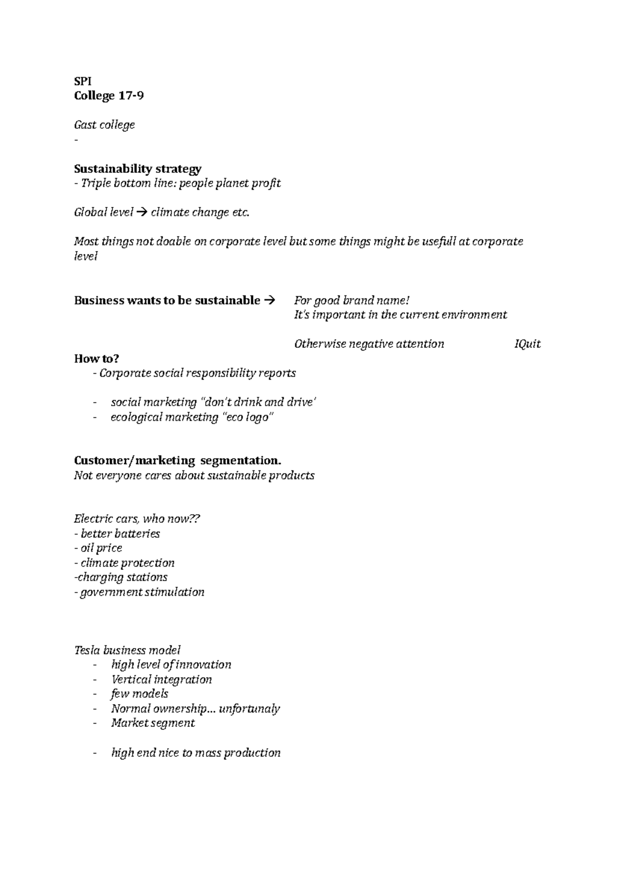 SPI College Sustainability market strategy - SPI College Gast college ...