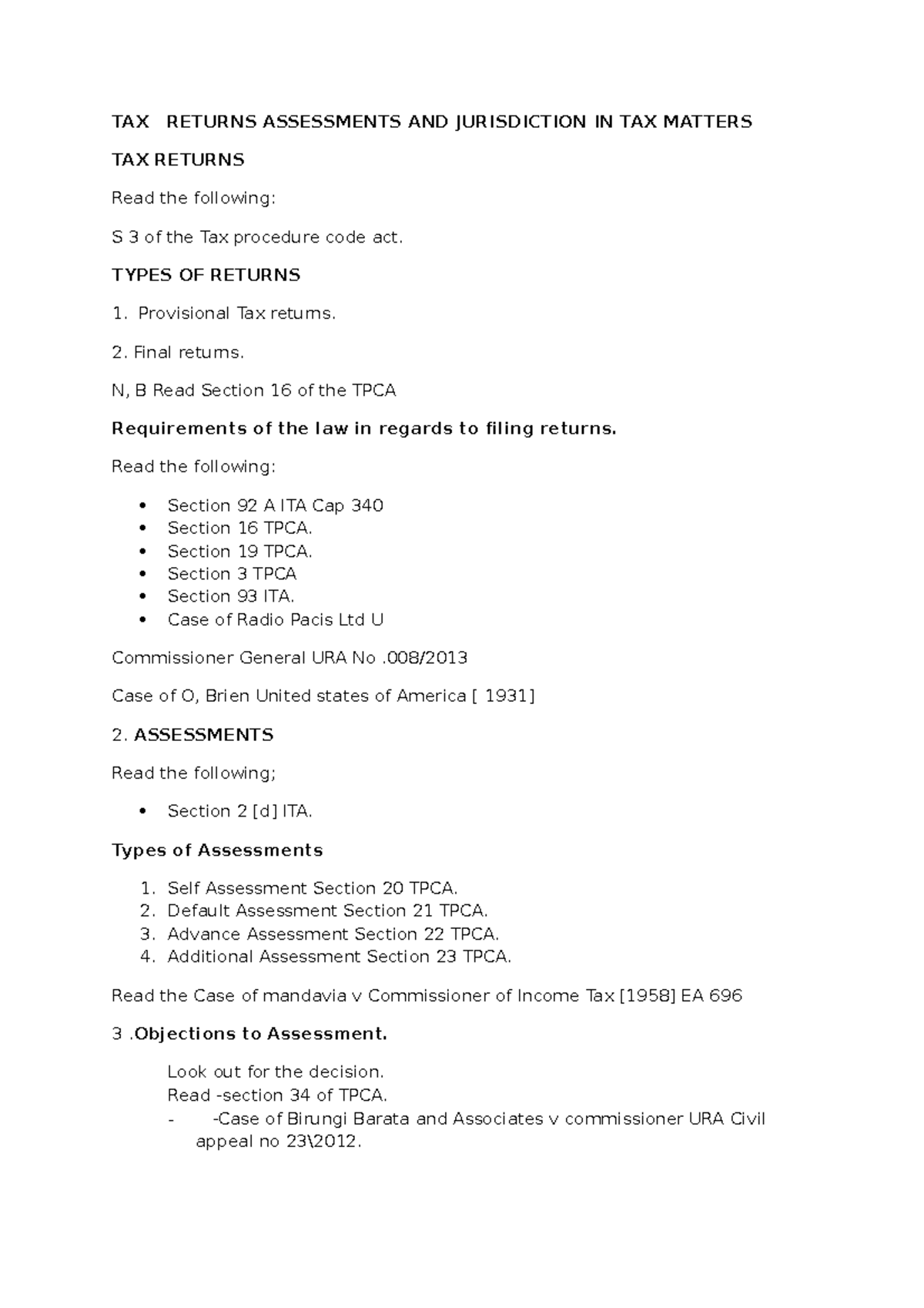 Summary OF Notes ON Returns, Assessment AND Jusridiction IN TAX Matters ...